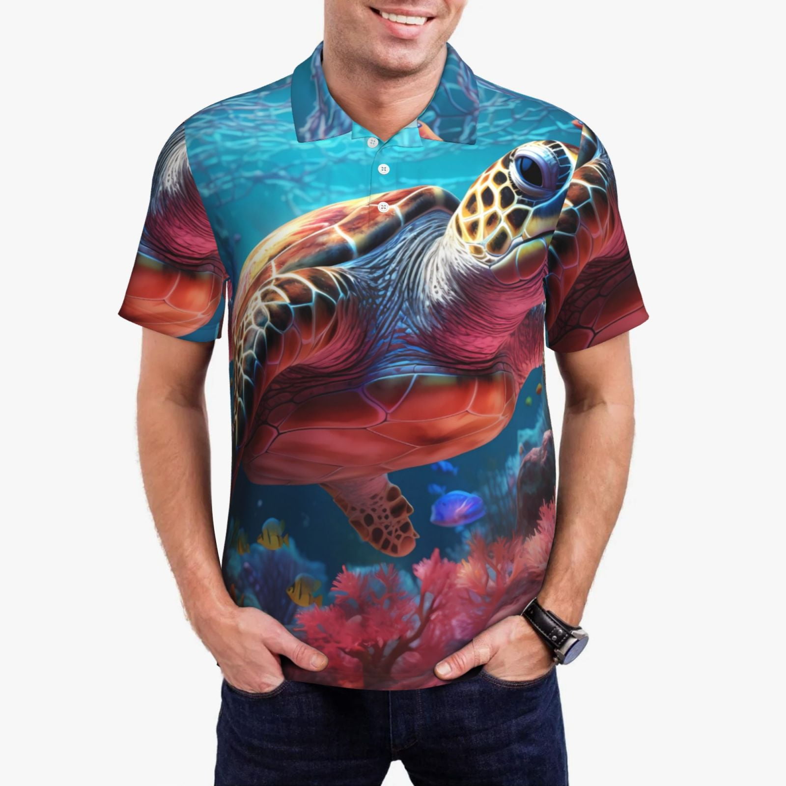 Honeii Colorful Ocean Sea Turtle print Polo Shirt, a classic short ...