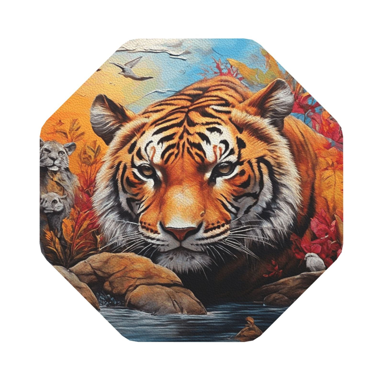 Honeii Colorful Plant Tiger Print Leather Coaster Set of 6, Ideal for ...