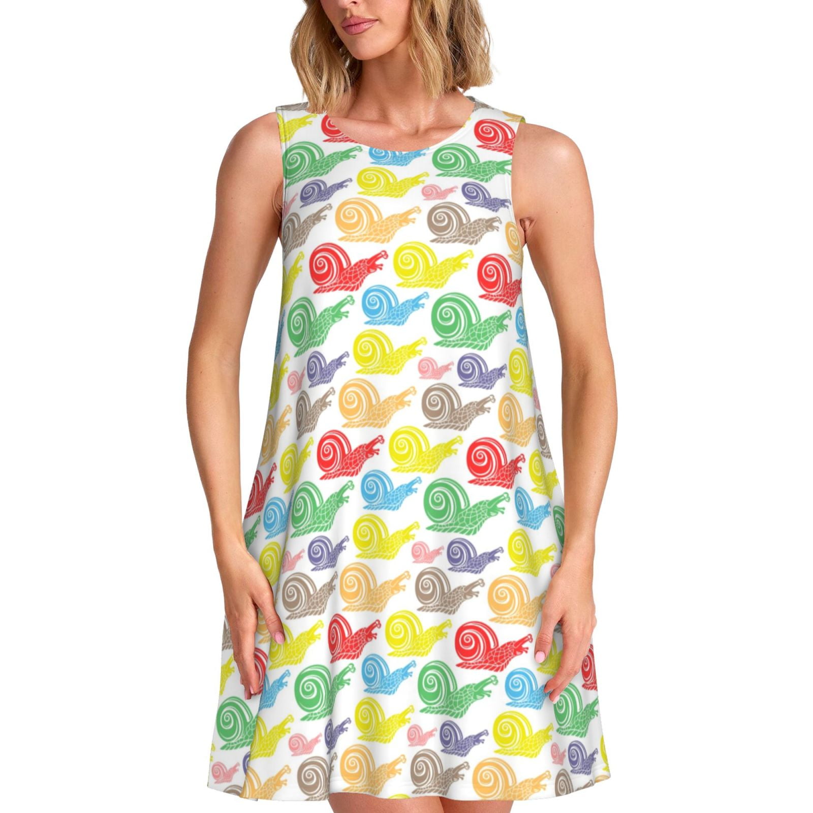 Honeii Colorful Snails Print Women's Sleeveless Dress, Loose Fit Casual ...