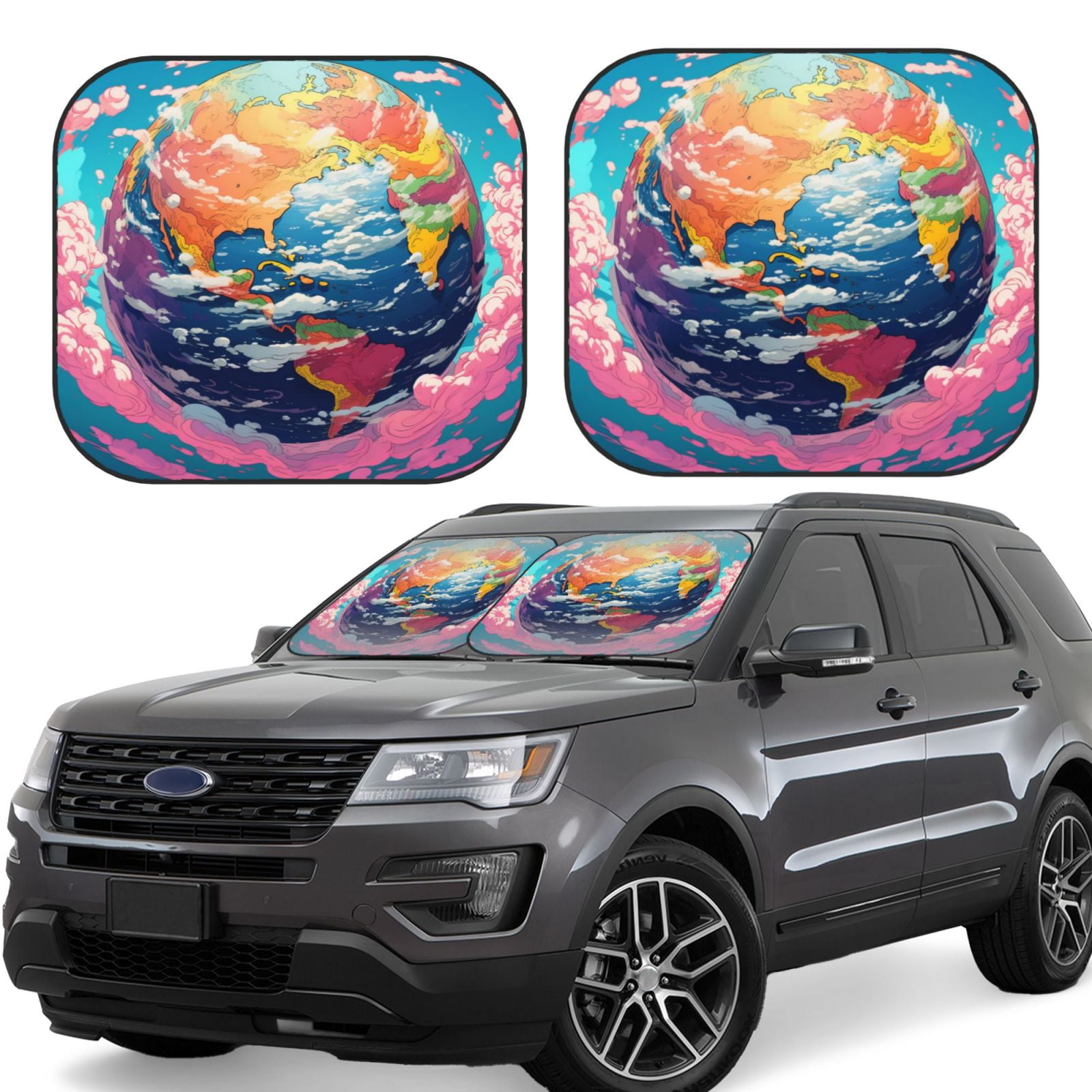 Honeii Colorful Whimsical Earth Print Foldable Car Sun Shade for ...