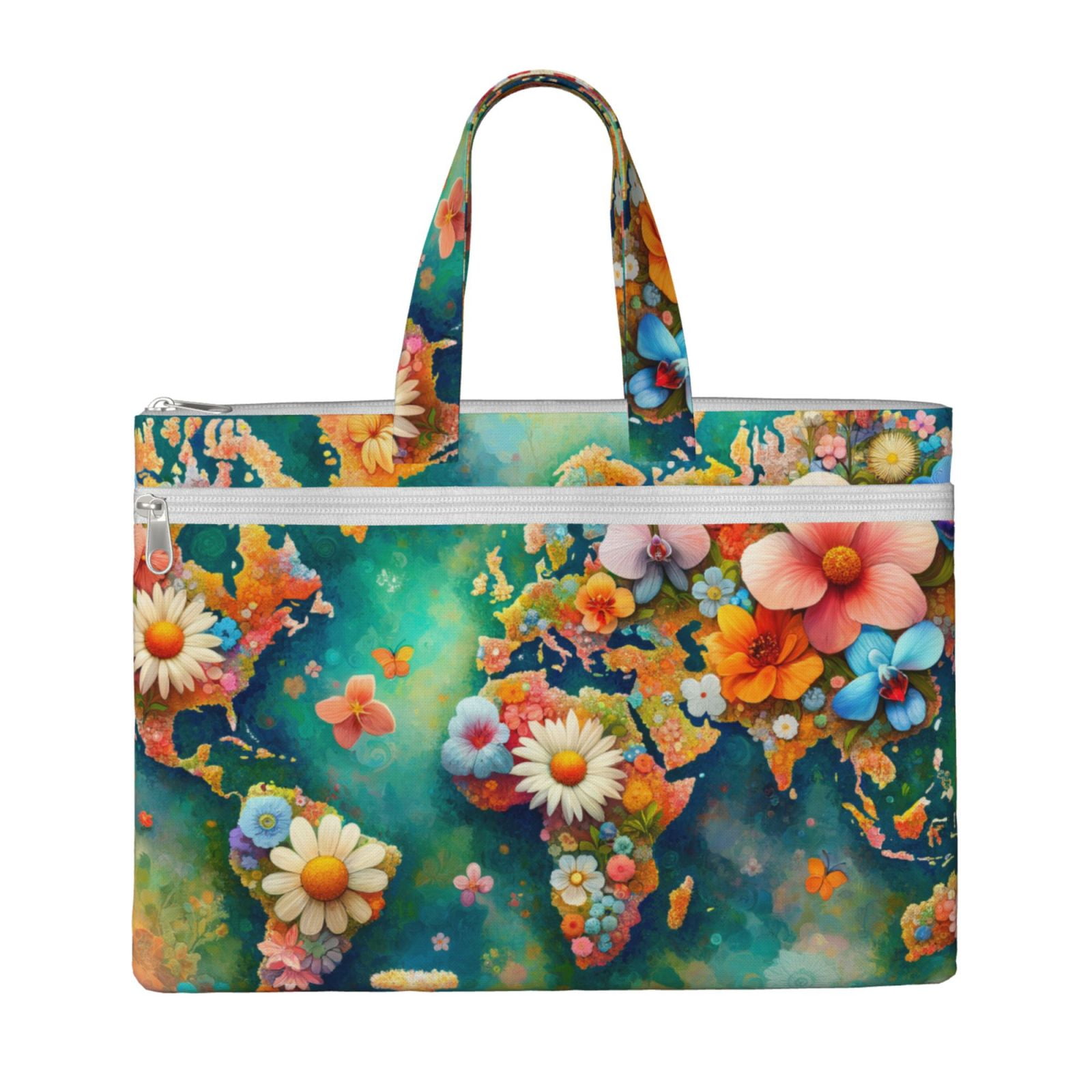 Honeii Colorful World Map Print Canvas Tote Bag with Compartments ...