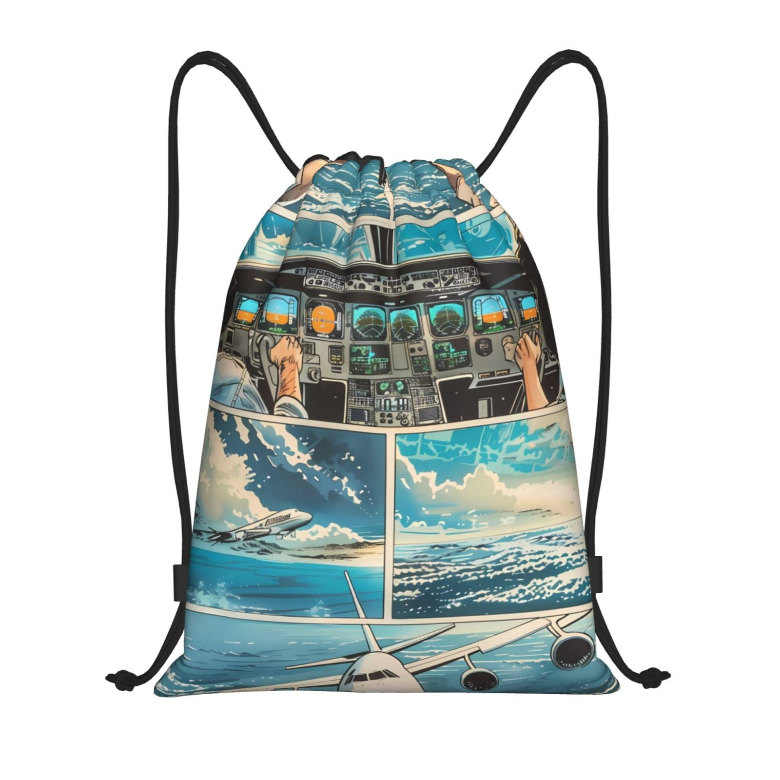 Honeii Comic Airplane Cockpit Illustration Print Drawstring Backpack ...