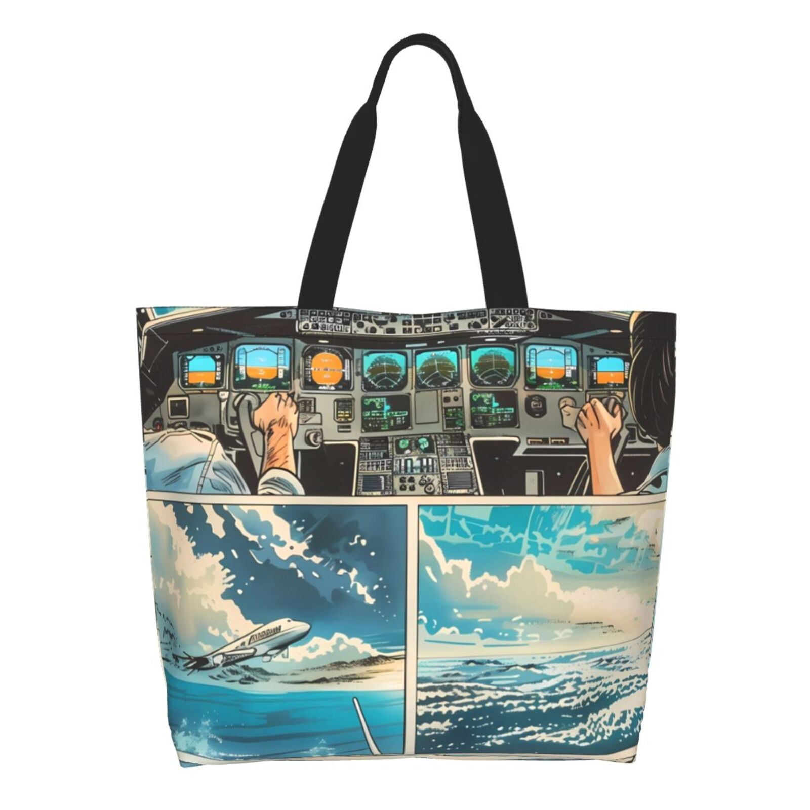 Honeii Comic Airplane Cockpit Illustration Print Tote Bag for Women ...