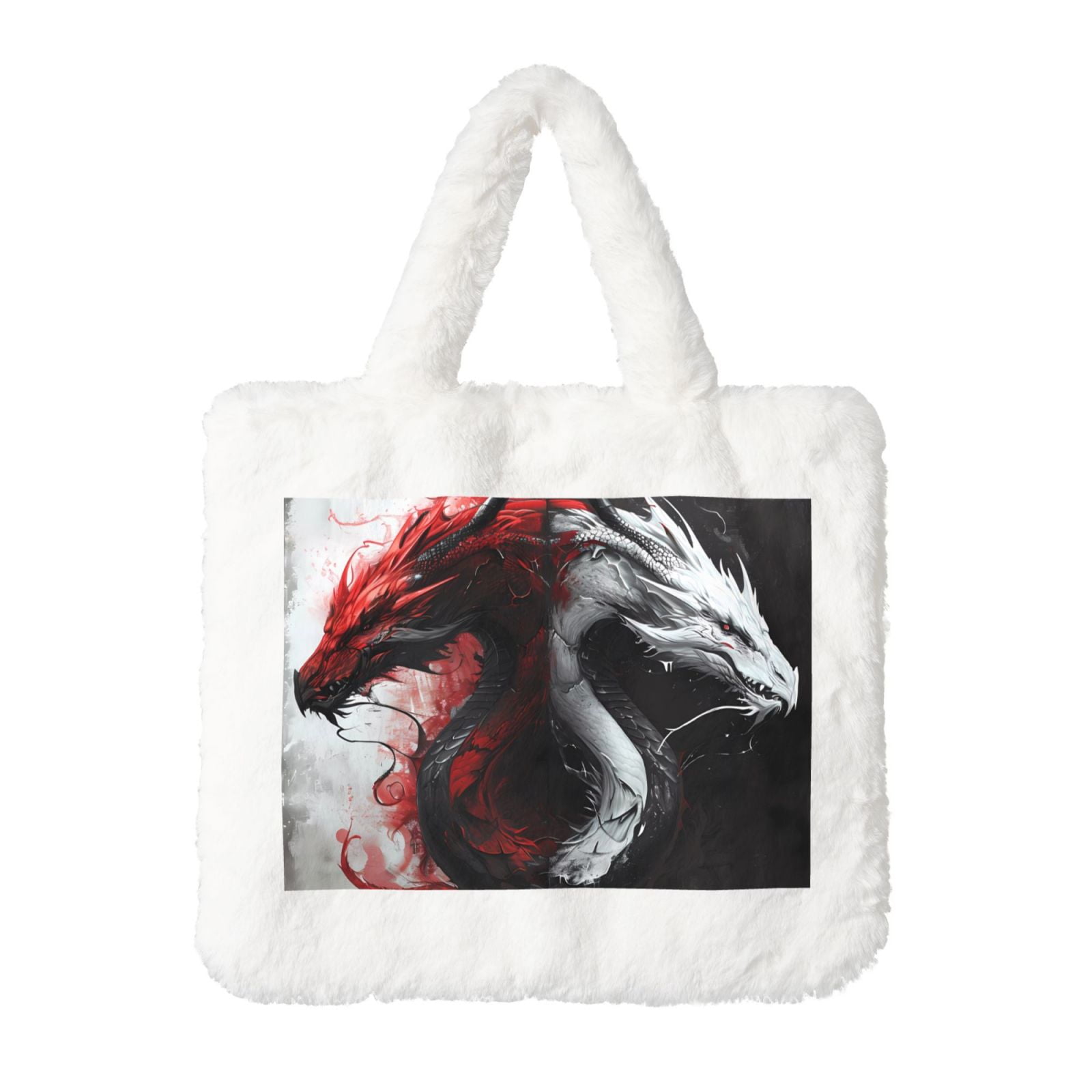 Honeii Cool Black And White Dragon Print Fluffy Shoulder Bag Plush Bags Women Ladies Tote Bag ...