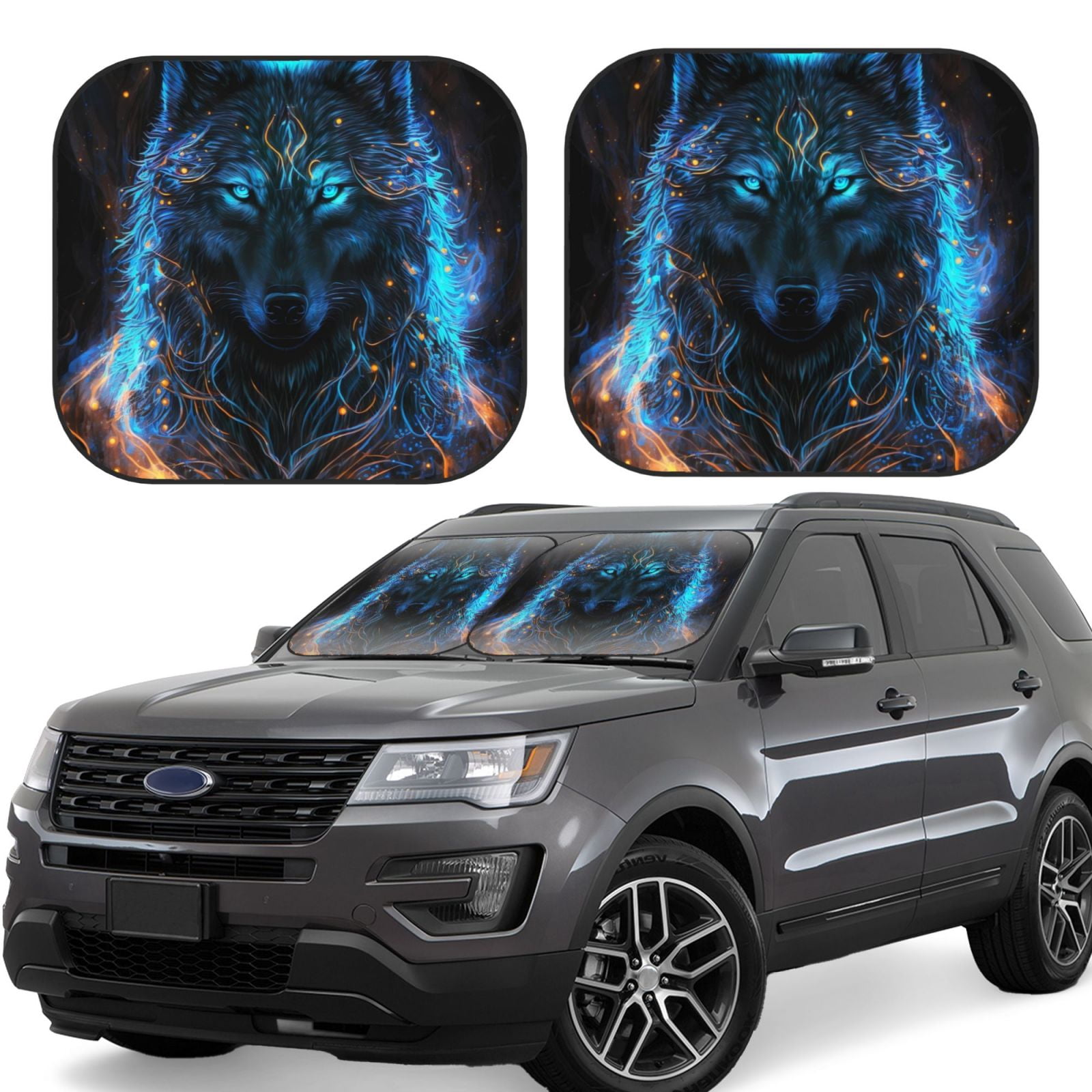 Honeii Cool Blue Light Wolf Print Foldable Car Sun Shade for Windshield ...