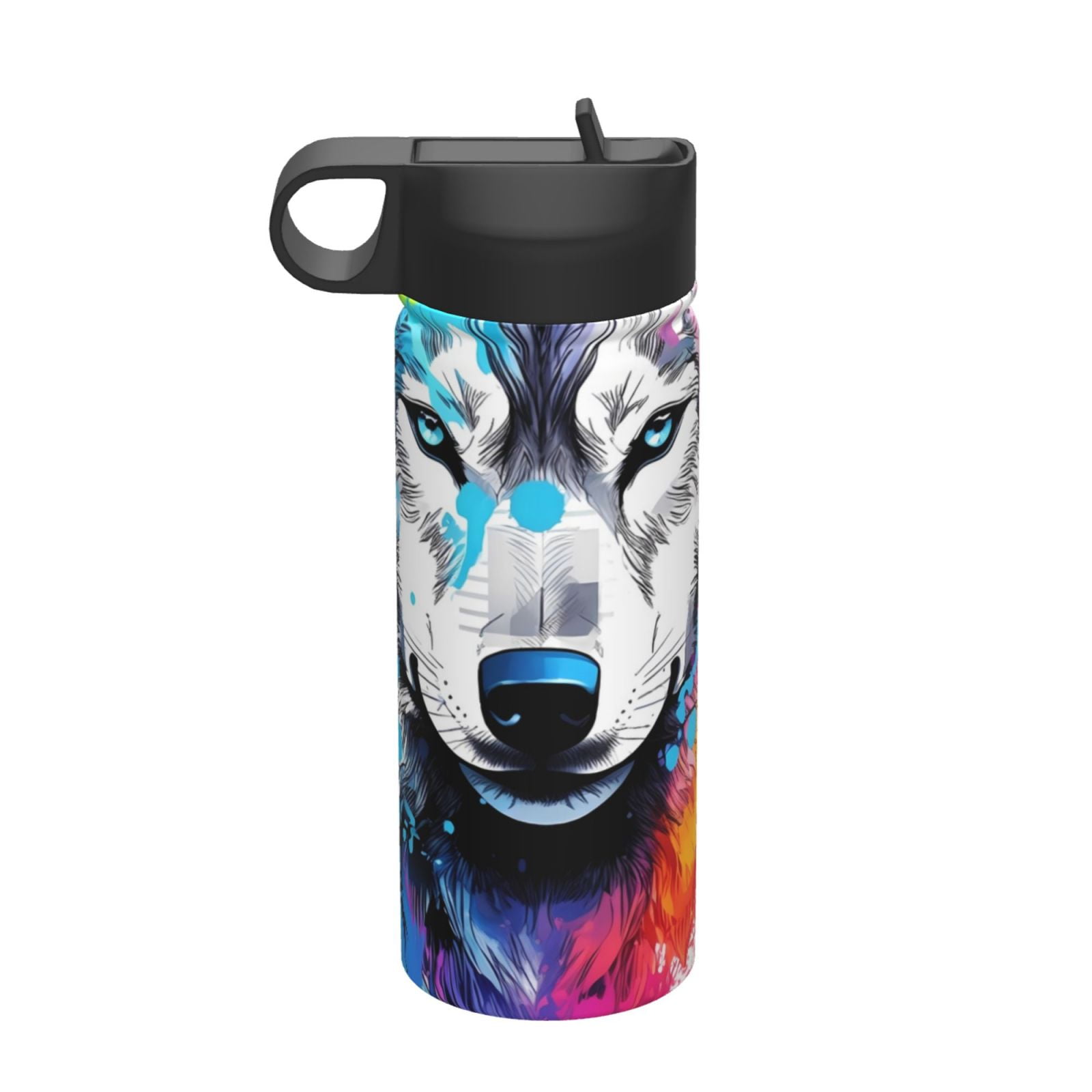 Honeii Cool Colorful Wolf Print 18 oz Insulated Water Bottle with Straw ...