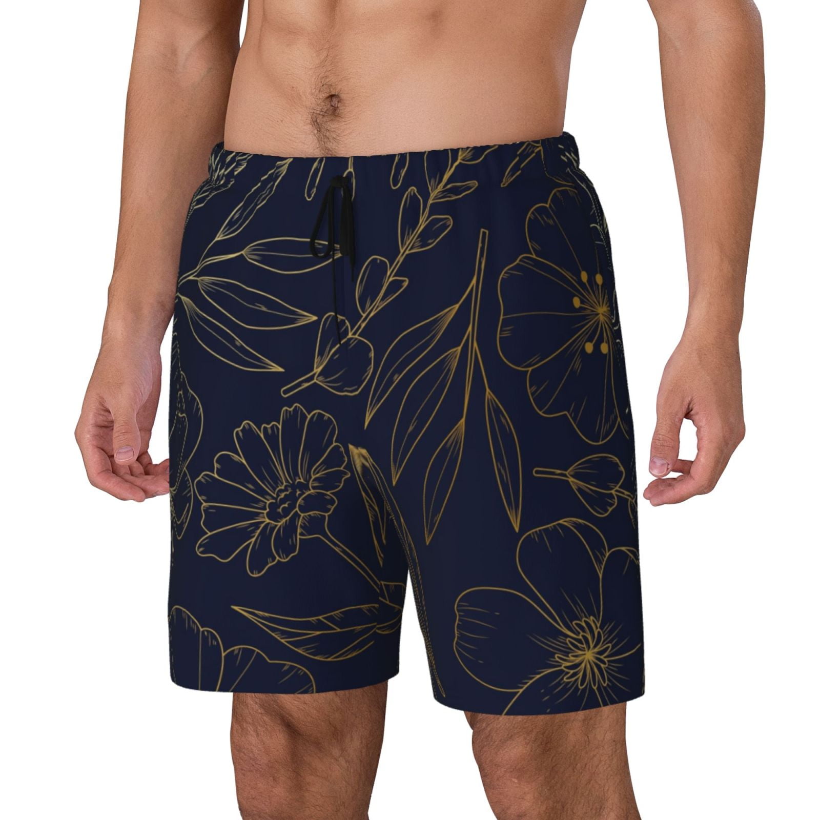 Honeii Copper-Gold Gloss Outline Flower Print Men's Swim Shorts,Mens Swim Trunks,Breathable Mesh ...
