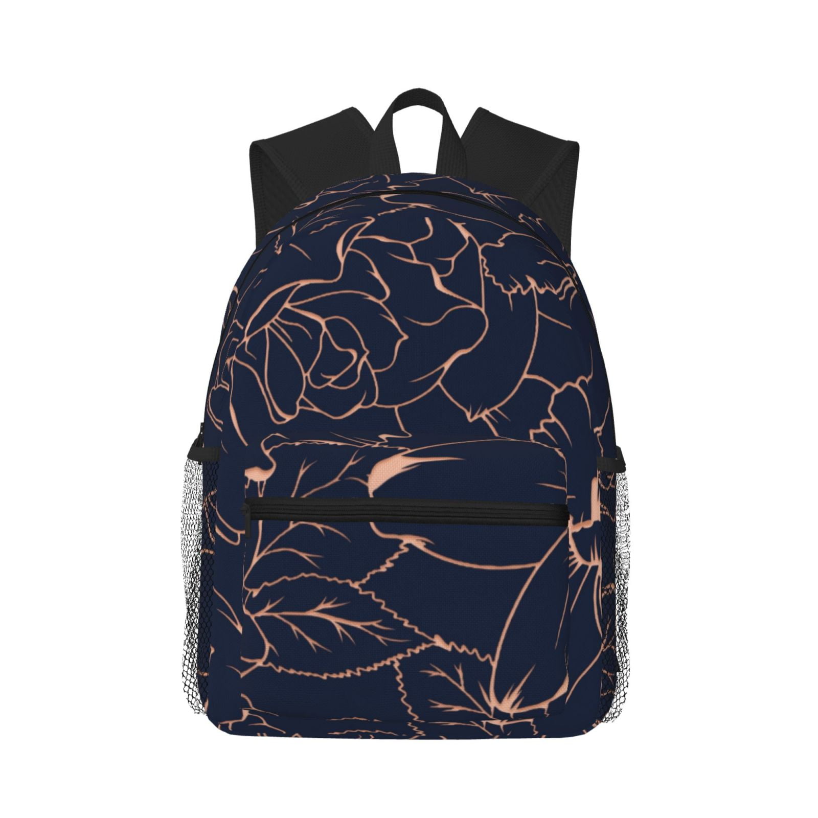 Honeii Copper-Gold Gloss Outline Flower Print School Backpack,Casual ...