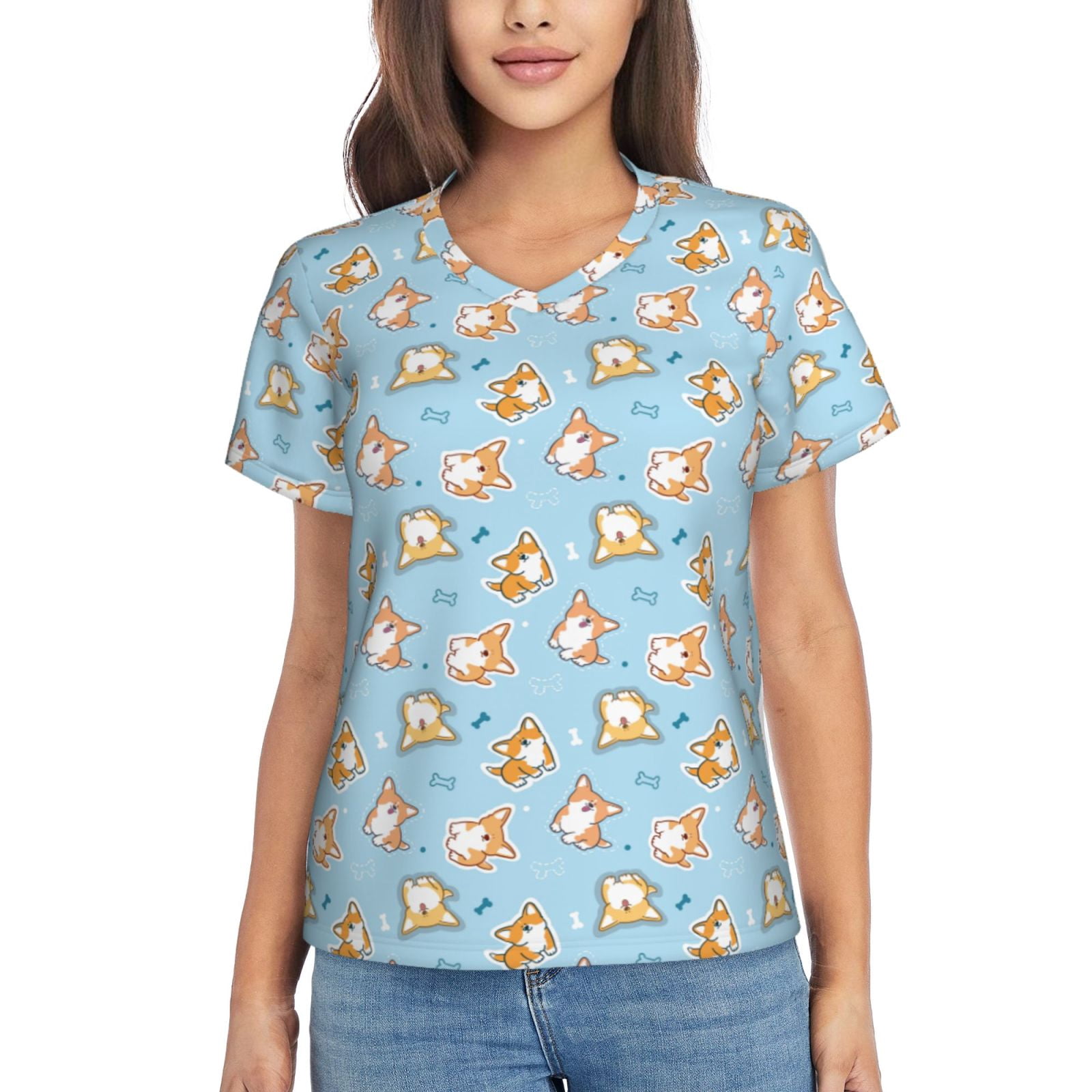 Honeii Corgi Dog 1 Print Women's Classic V-Neck T-Shirt,Womens Fashion ...