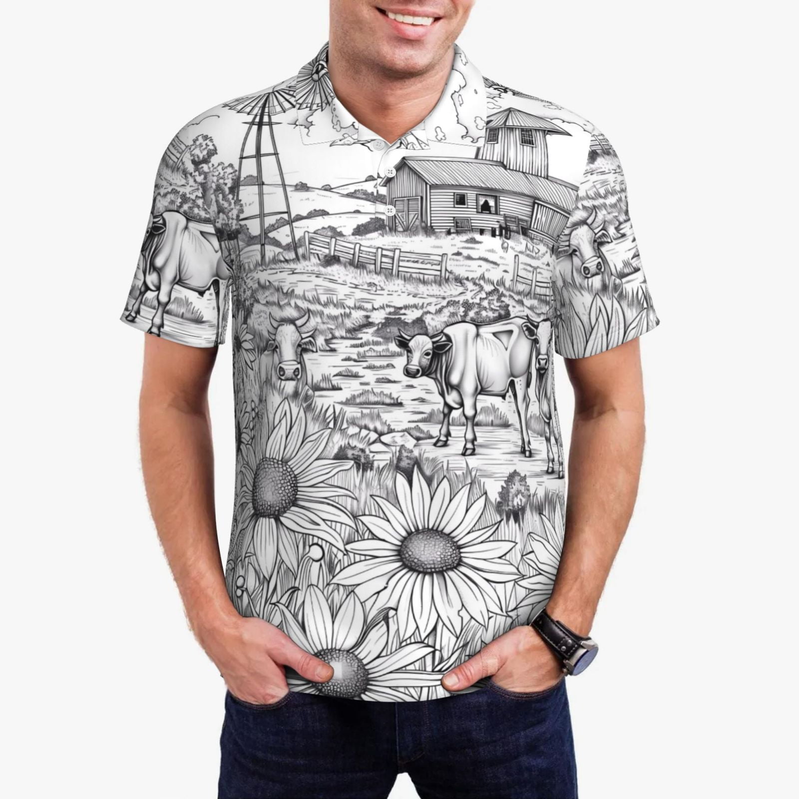 Honeii Country Farm Scene Print Polo Shirt, A Classic Short-Sleeved ...