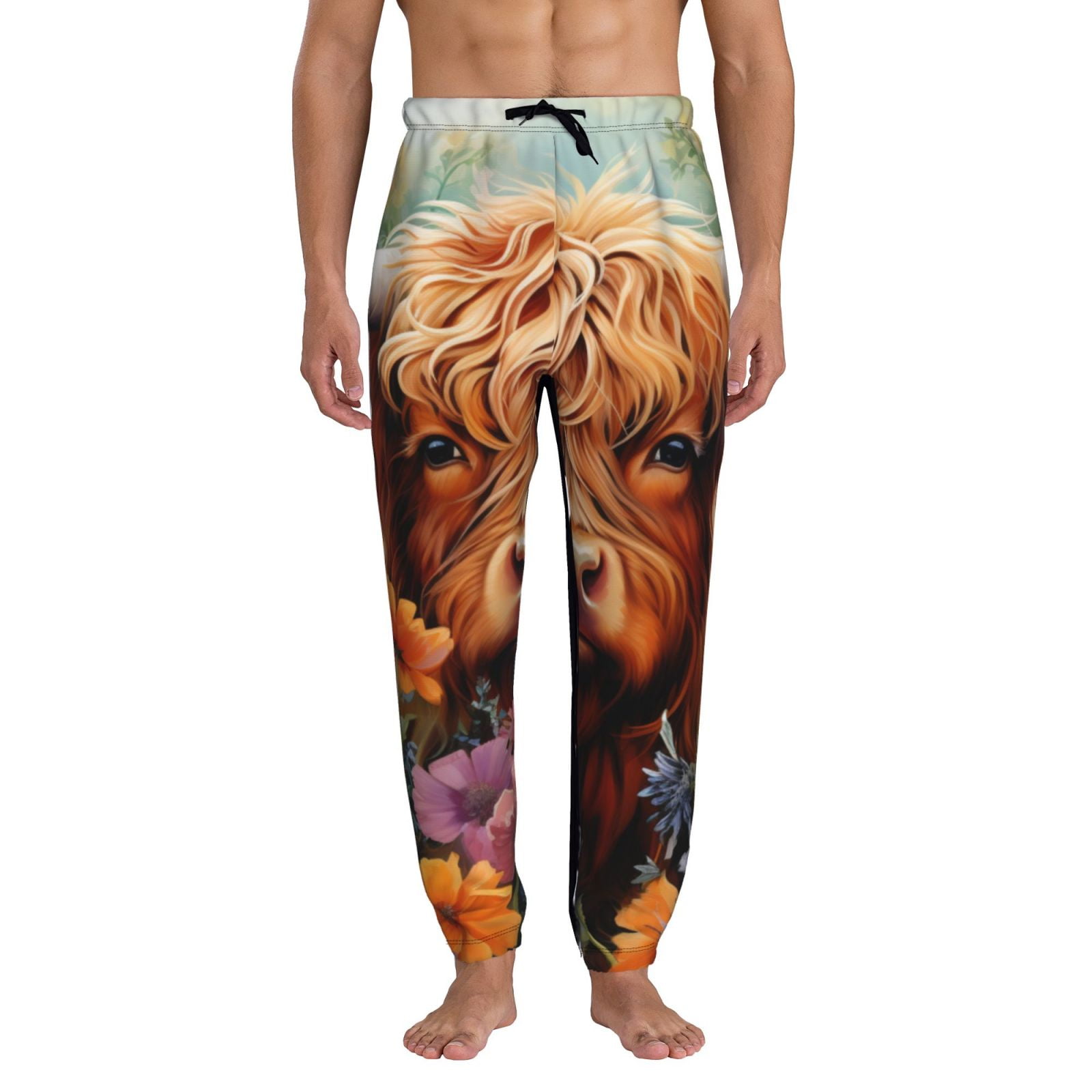 Honeii Countryside Colorful Floral Cow Print Mens Jogger Sweatpants ...