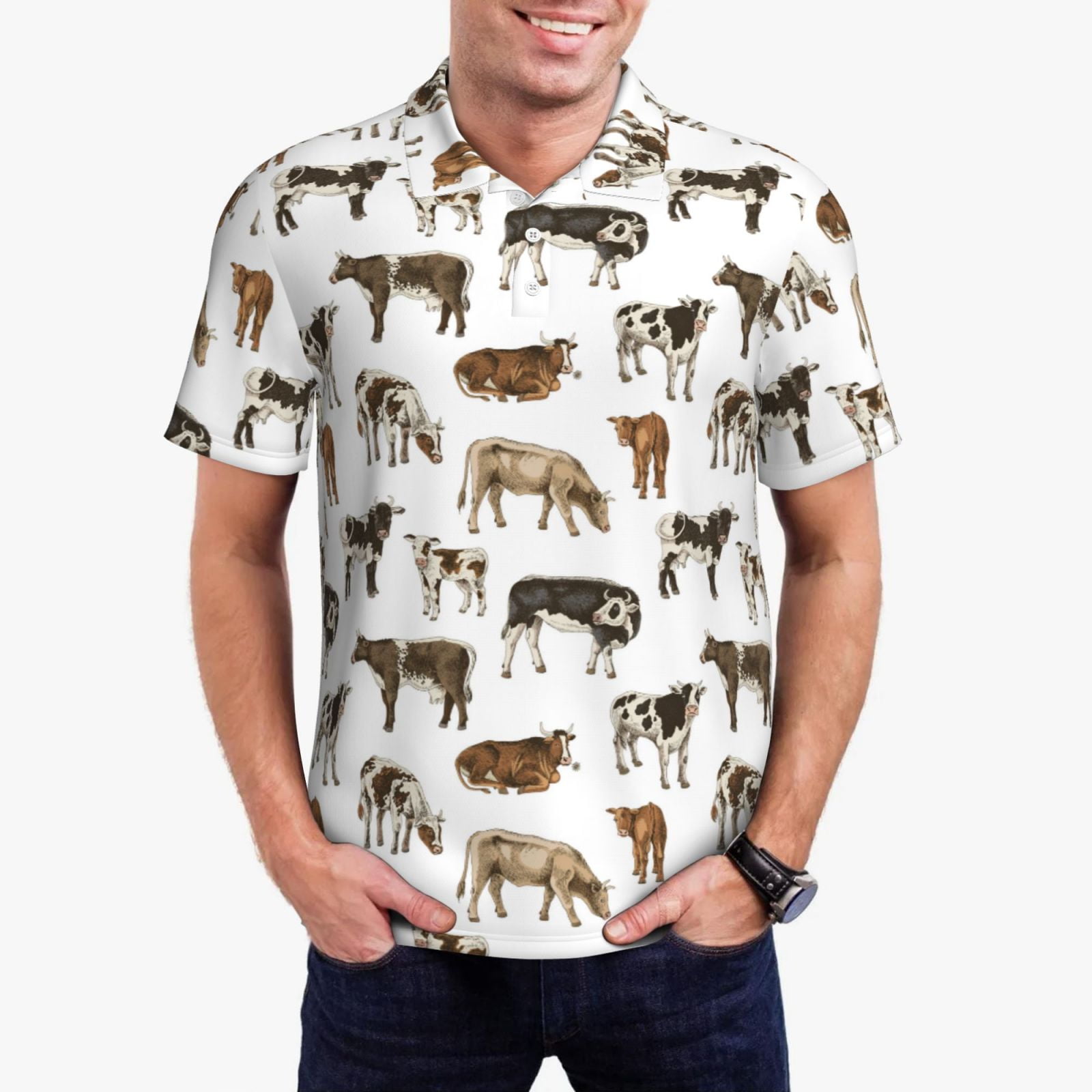 Honeii Cow print Polo Shirt, a classic short-sleeved, button-down golf ...