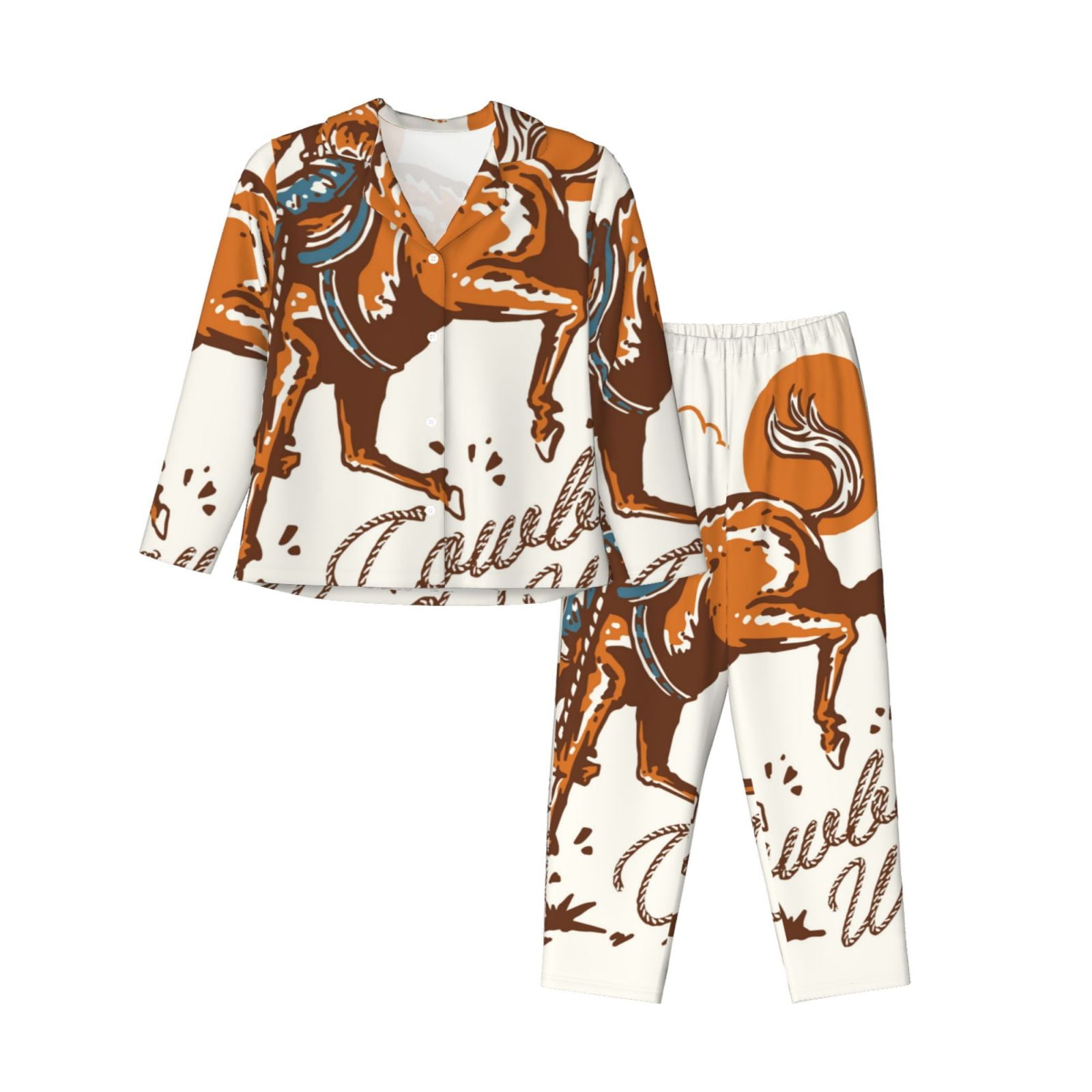 Honeii Cowboy Riding Horse Print Women's Pajama Sets Long Sleeve Button ...