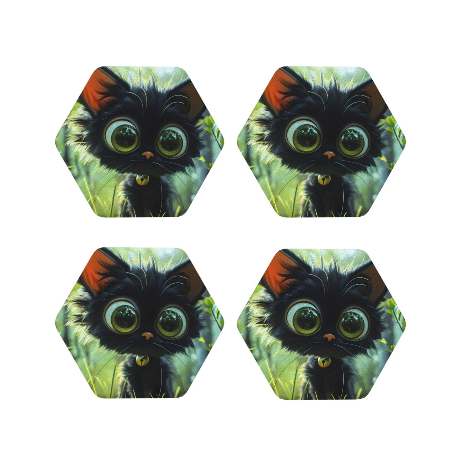 Honeii Cute Big-Eyed Black Cat Print Leather Coaster Set of 4, Ideal ...