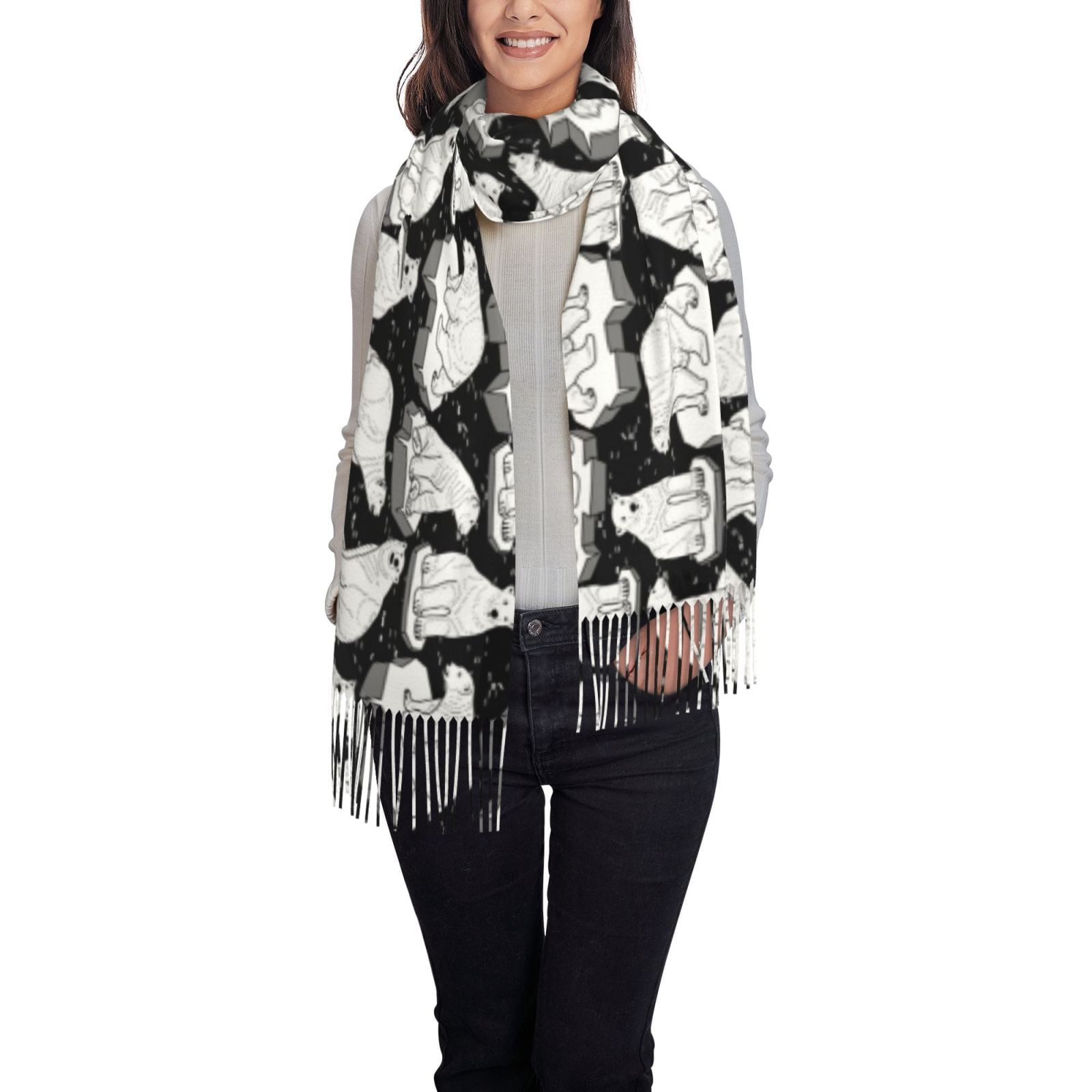 Honeii Cute Cartoon Polar Bear Print Scarf Oversized Scarf Tassel Fall ...