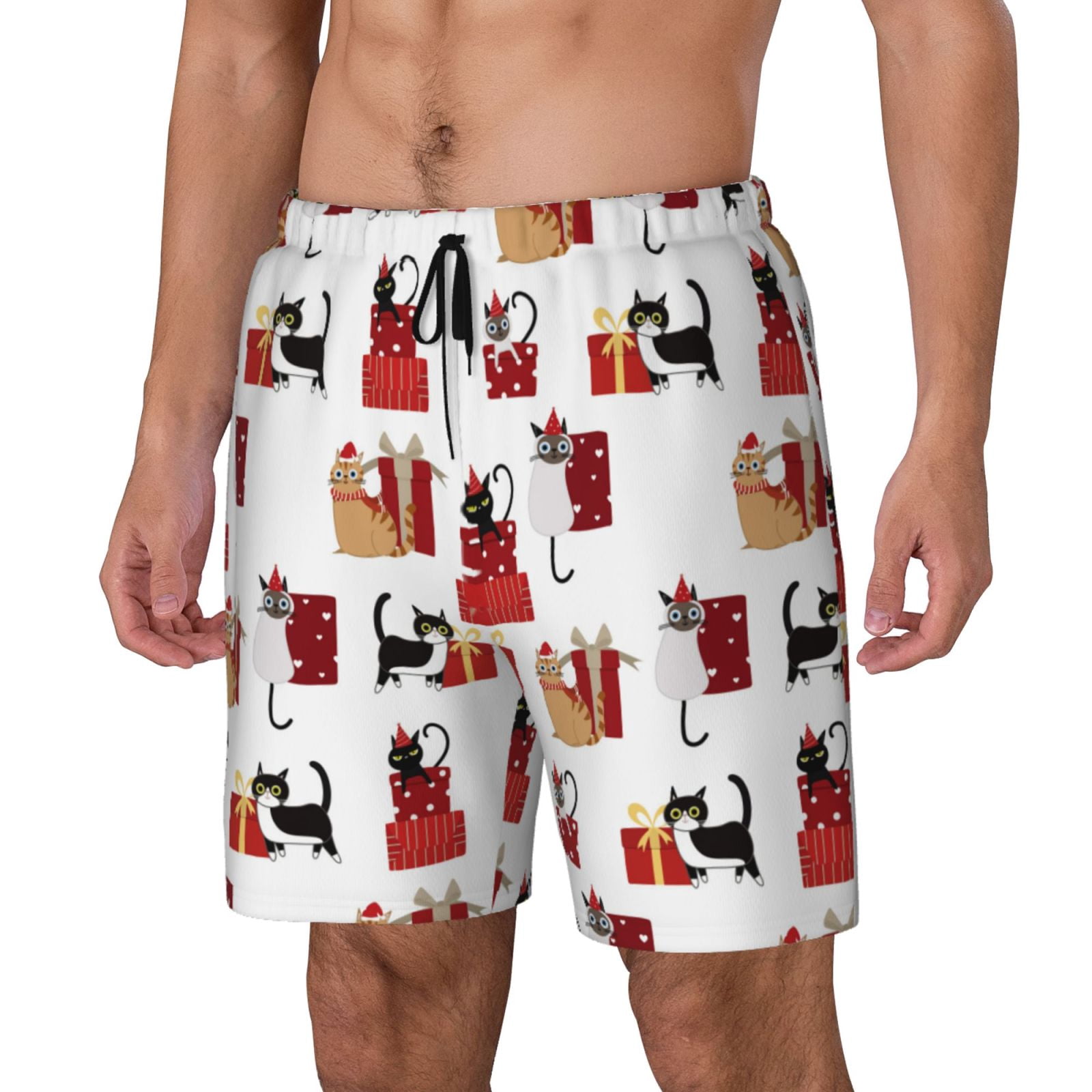 Honeii Cute Cat And Christmas Gift Print Men's Swim Shorts,Mens Swim ...