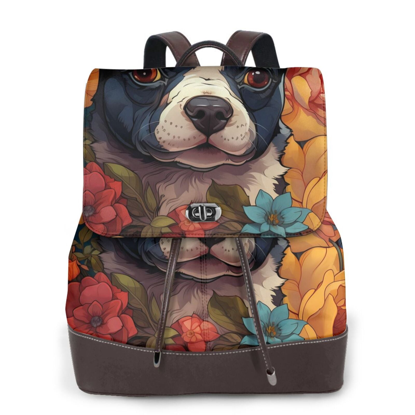 Honeii Cute Colorful Flower French Bulldog rint Leather Backpack,Trendy ...