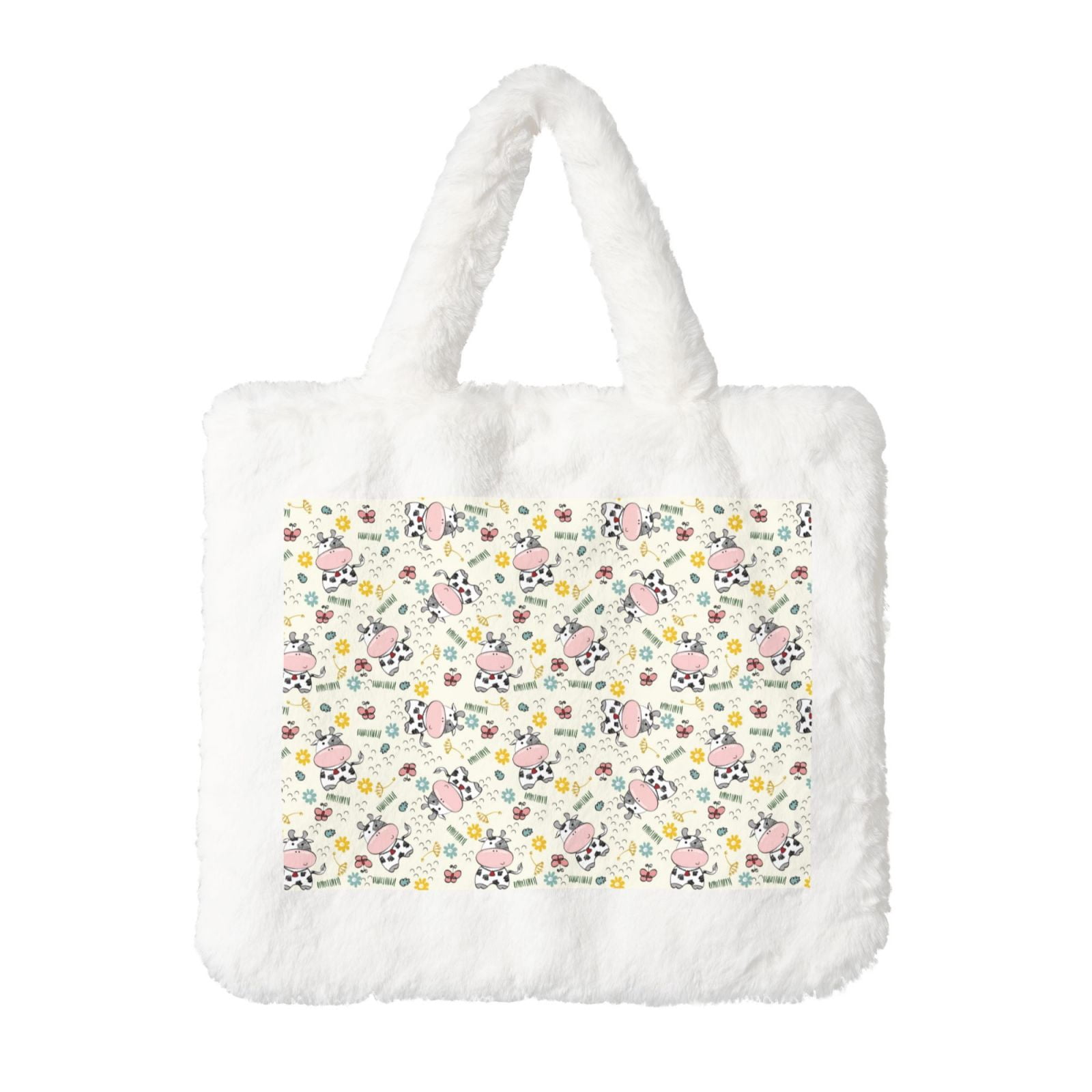 Honeii Cute Cow Print Fluffy Shoulder Bag Plush Bags Women Ladies Tote ...