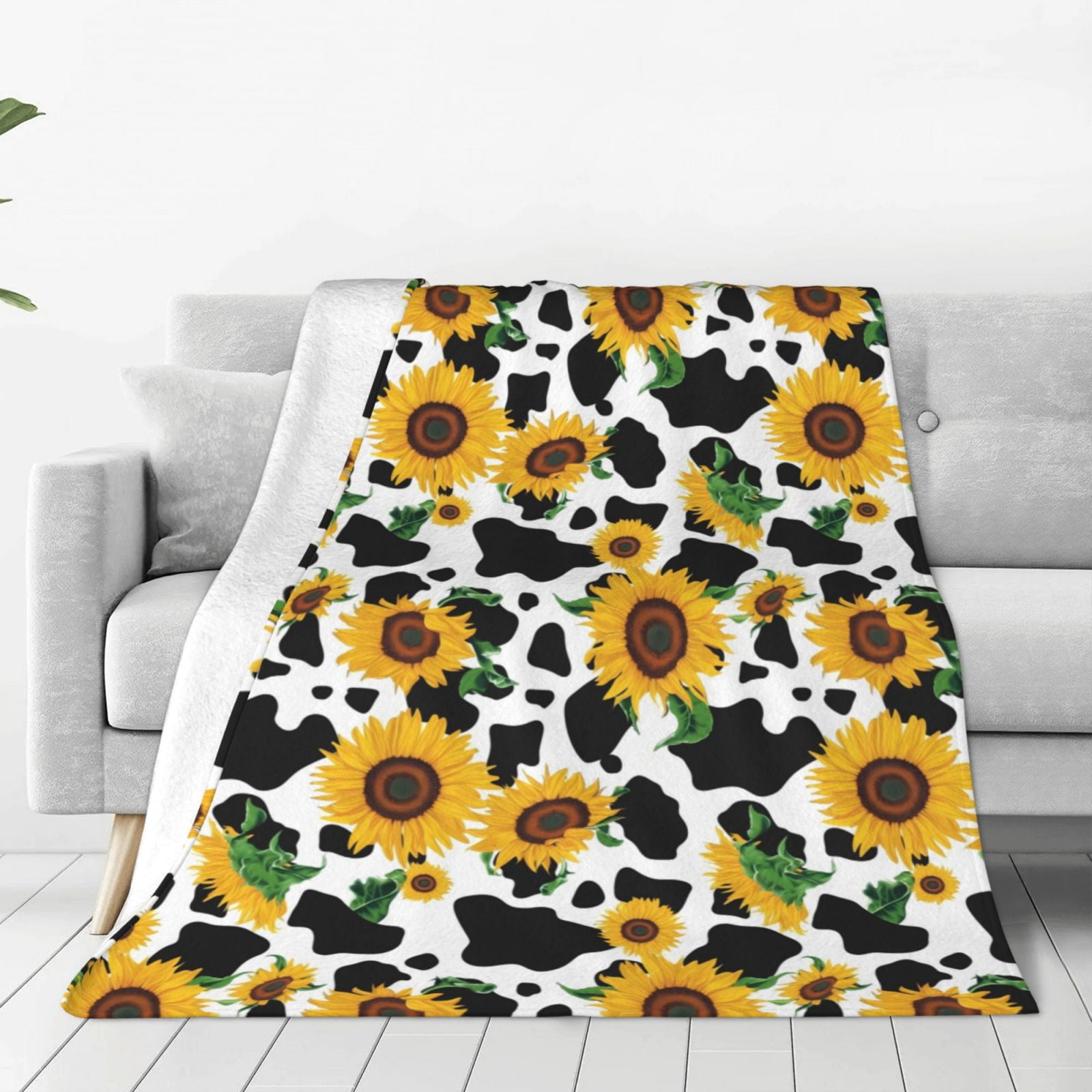 Honeii Cute Cow Print Sunflower D Print Fleece Blanket - Throw Blanket ...