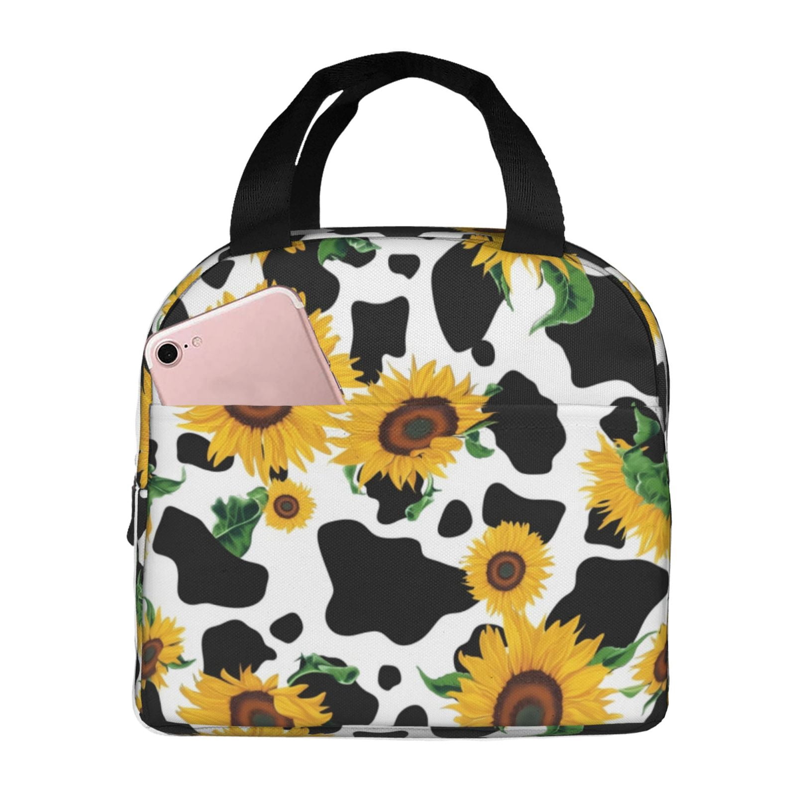 Honeii Cute Cow Print Sunflower D Print Lunch Bag Women, Lunch Box ...