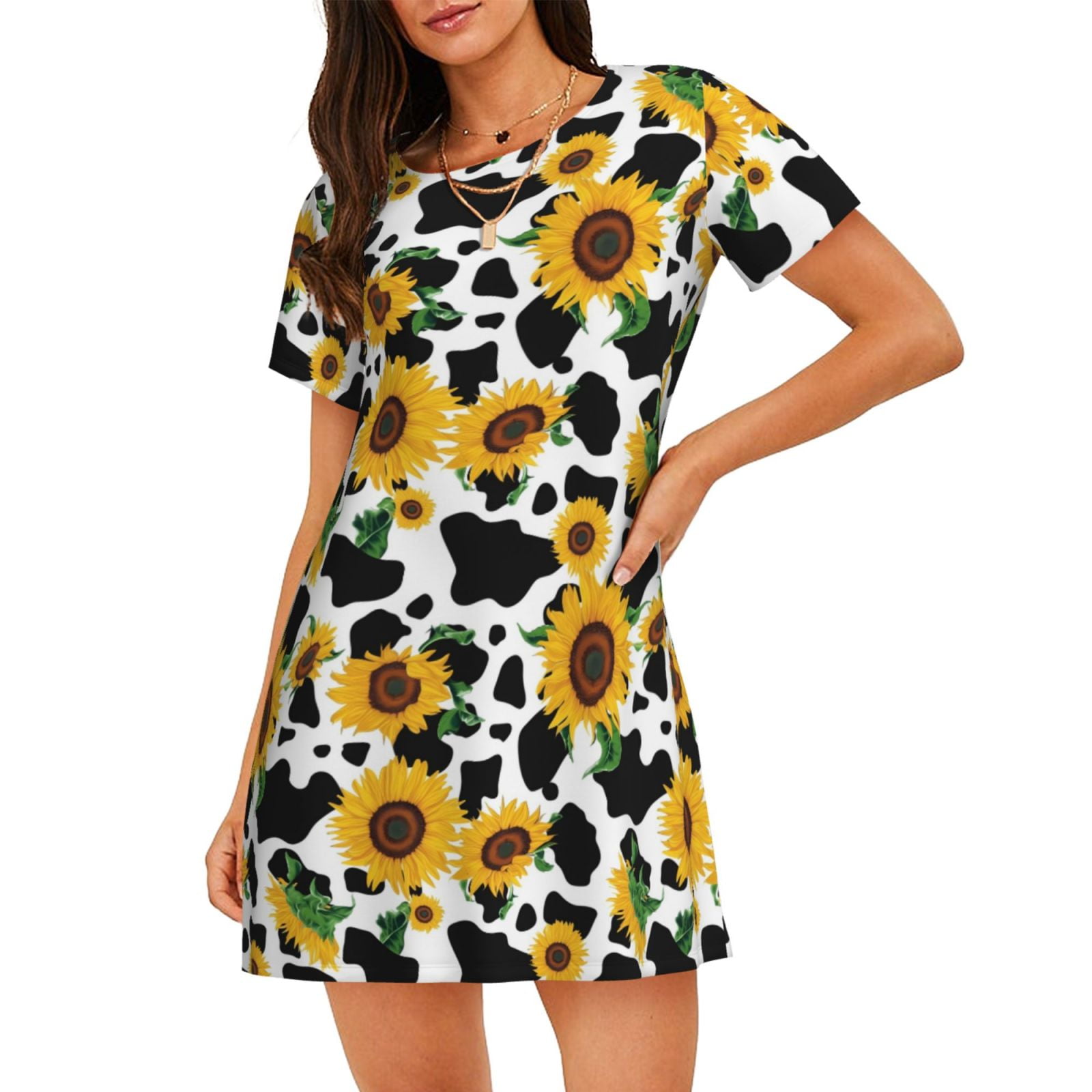 Honeii Cute Cow Print Sunflower D Print Women's Loose Short Sleeve ...