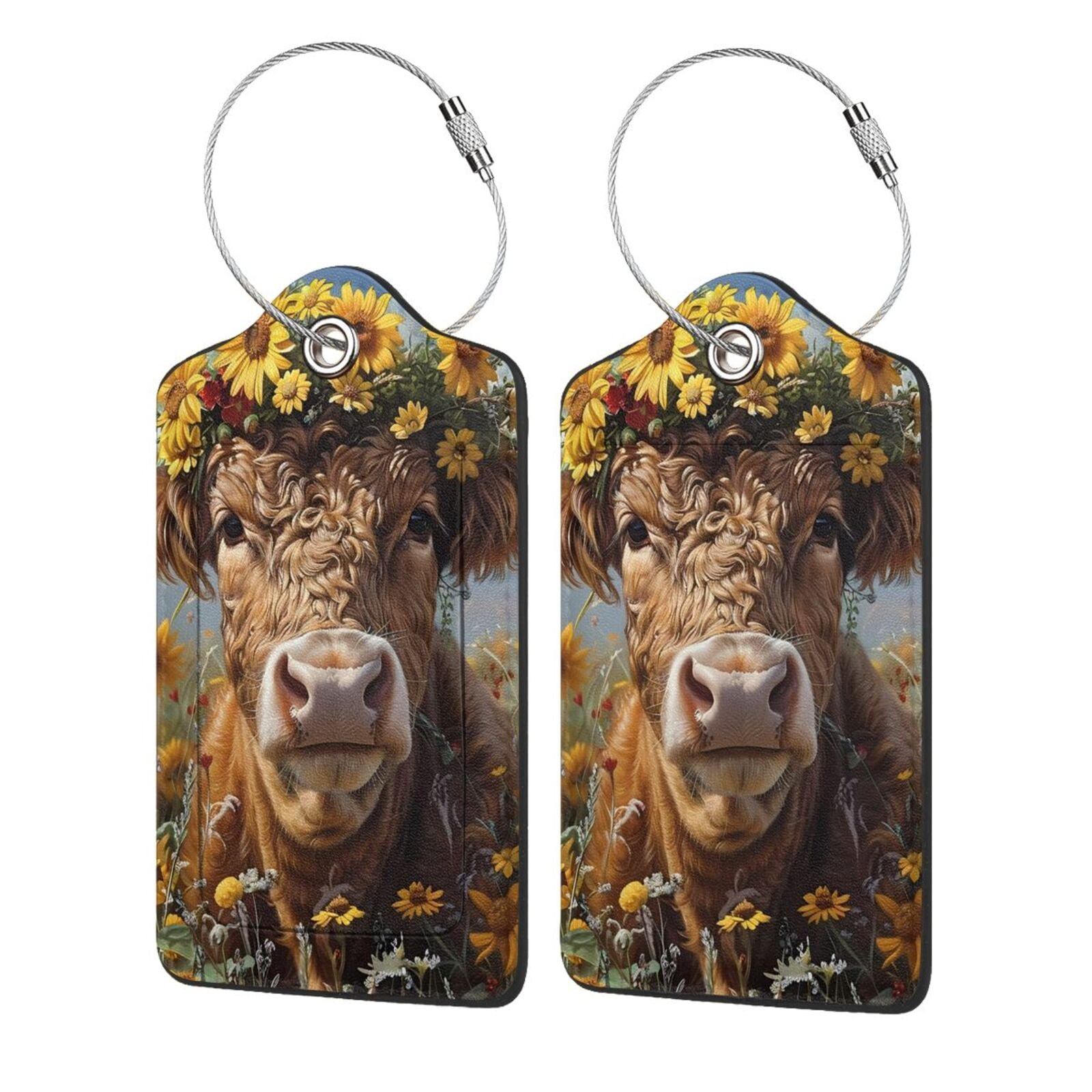 Honeii Cute Cow Sunflower Crown A Print Leather Luggage Tag for ...