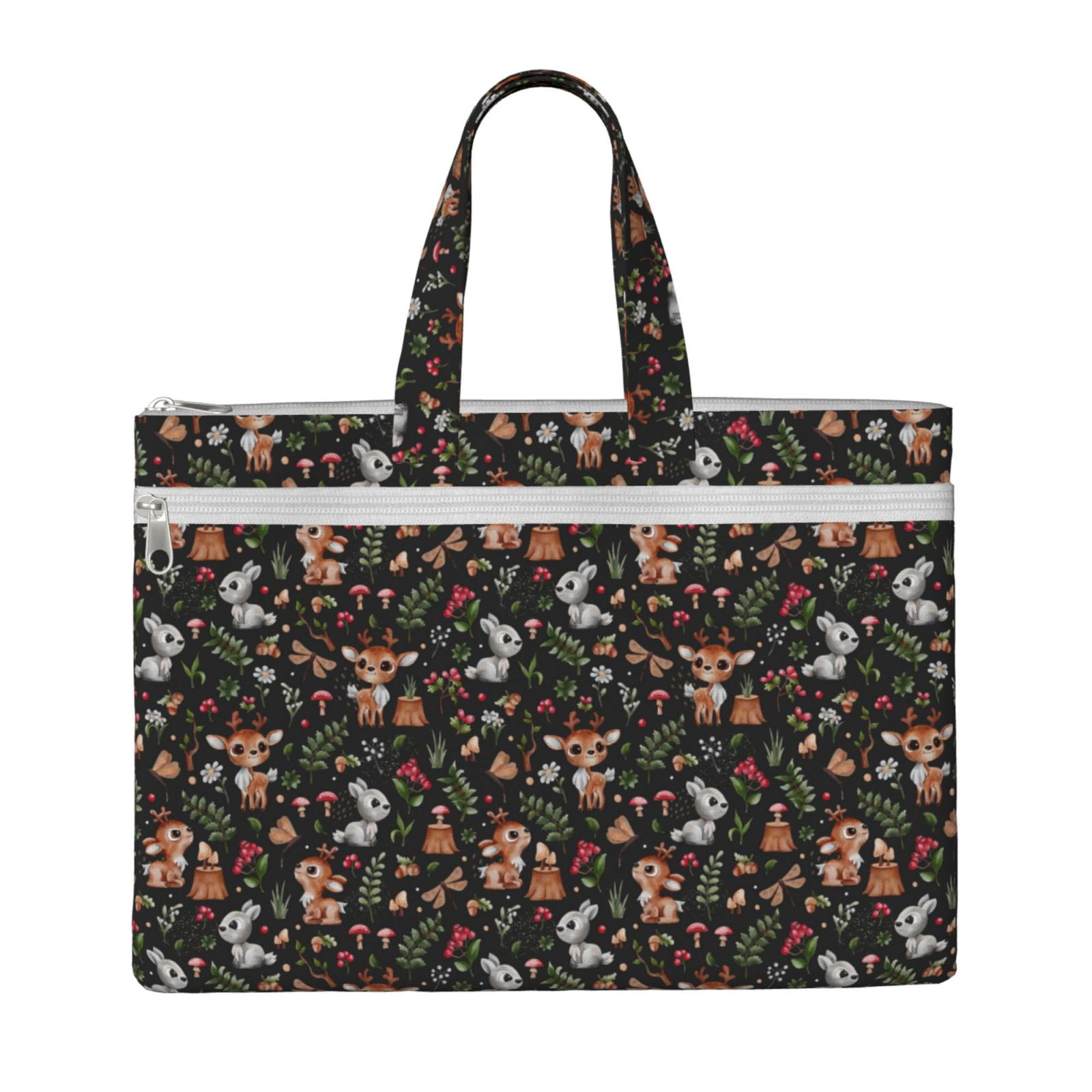 Honeii Cute Deer Print Canvas Tote Bag with Compartments Laptop Tote ...