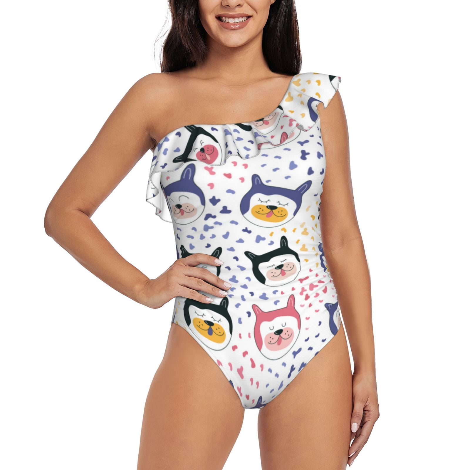 Honeii Cute Dog for women's one-piece swimsuit featuring a chic one-shoulder design experience ...