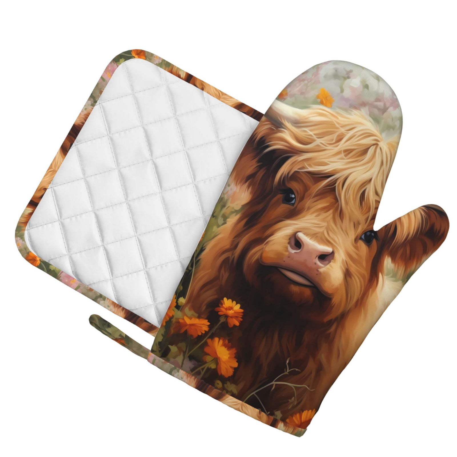 Honeii Cute Floral Cow patten Oven Mitts and Pot Holders Sets, Baker ...