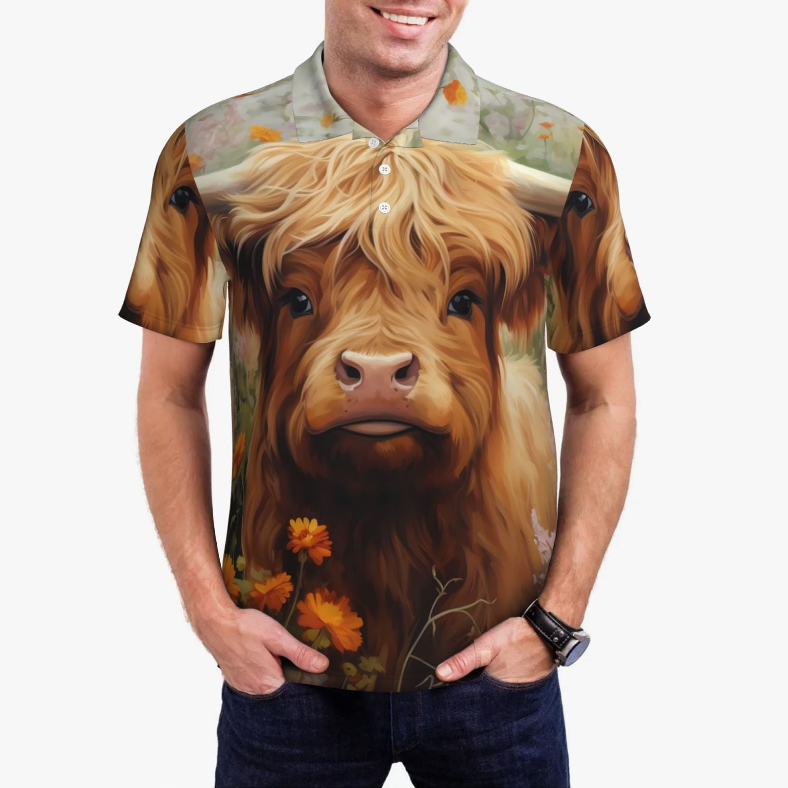 Honeii Cute Floral Cow print Polo Shirt, a classic short-sleeved ...
