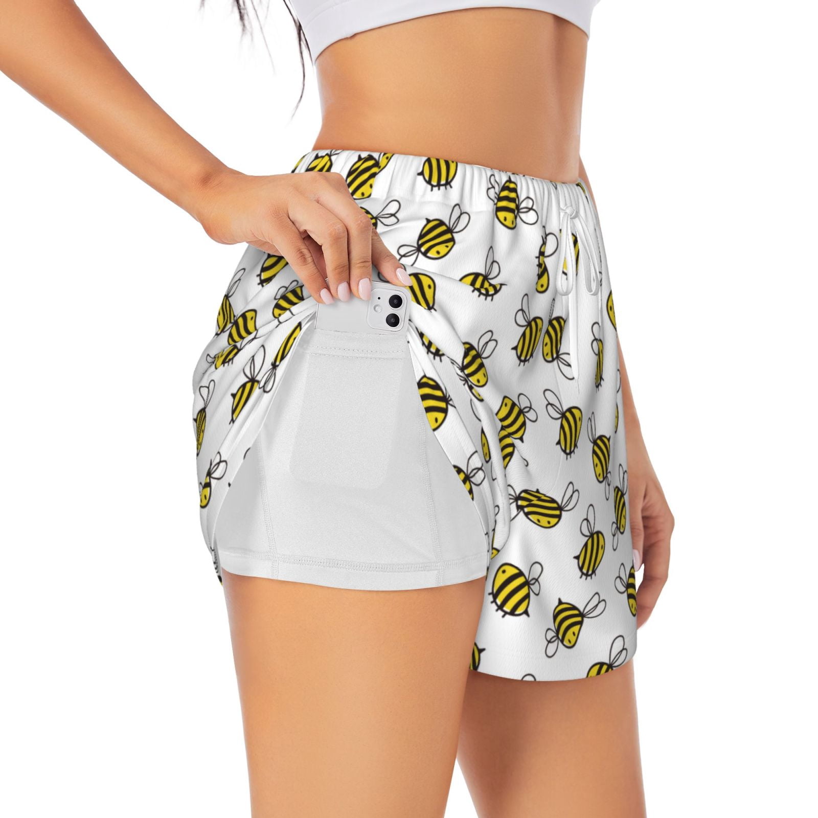 Honeii Cute Little Bee print a double-layered women's running short ...