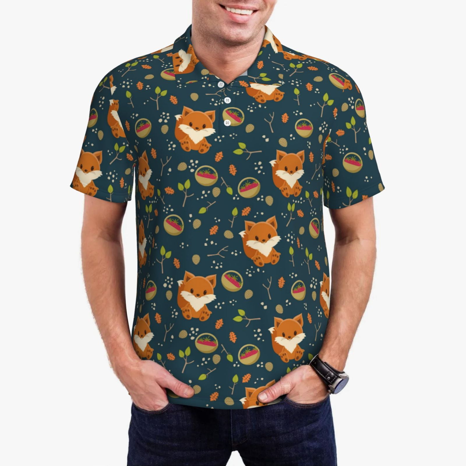 Honeii Cute plant fox Print Polo Shirt, A Classic Short-Sleeved, Button ...