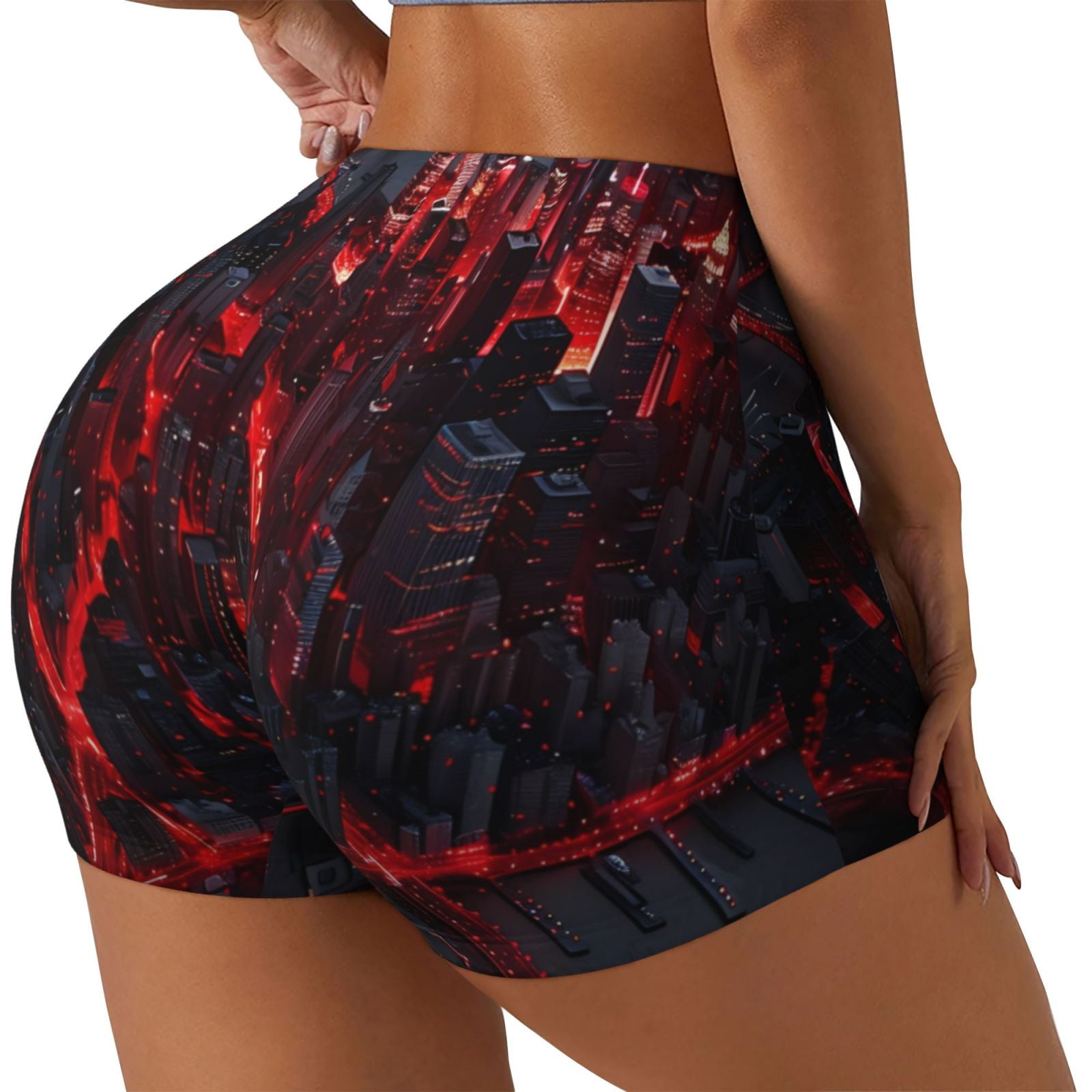 Honeii Cyberpunk Cityscape Lights Print Women's Workout Shorts, Gym Shorts for Active Wear ...