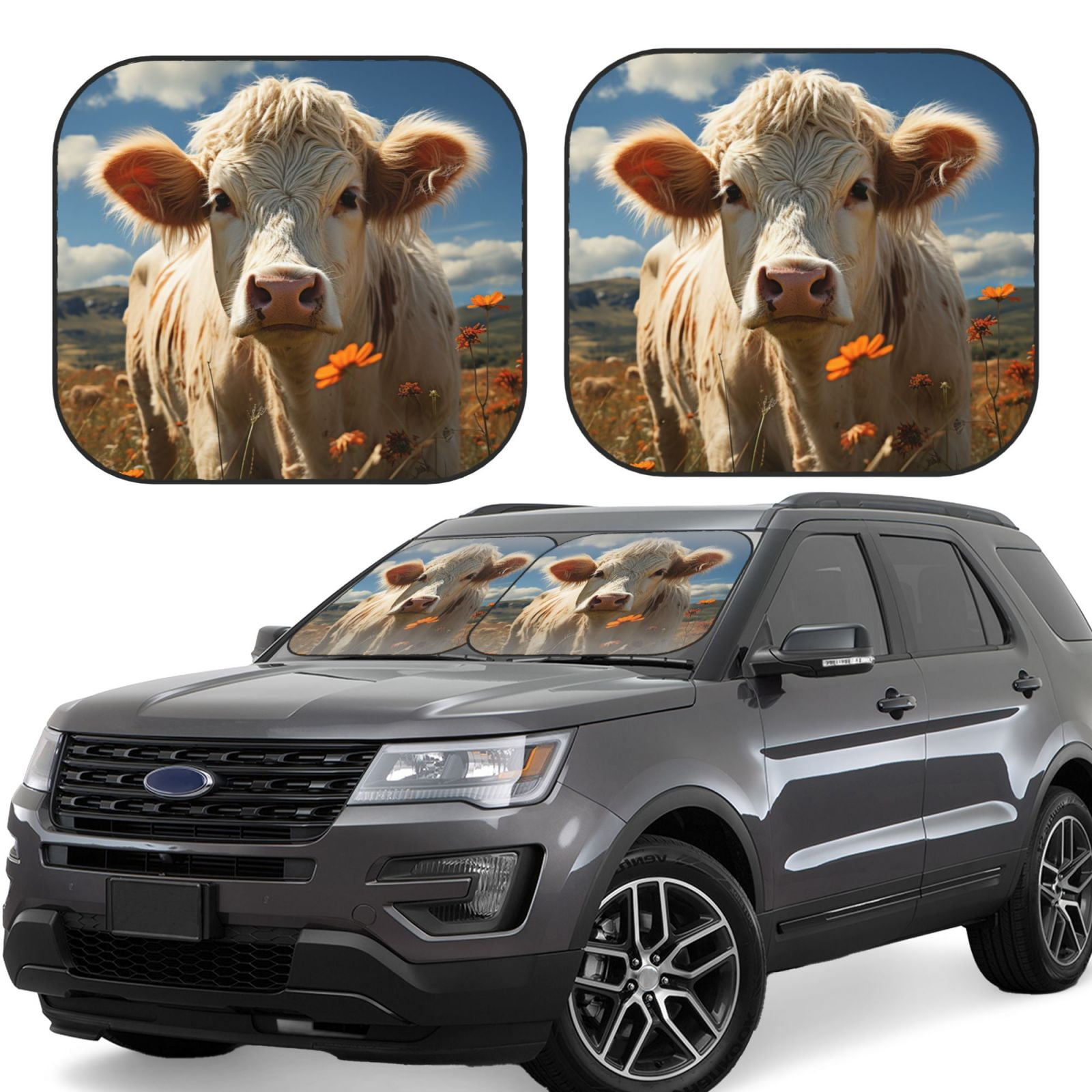 Honeii Daisy Meadow Cow Print Foldable Car Sun Shade for Windshield, 2 ...