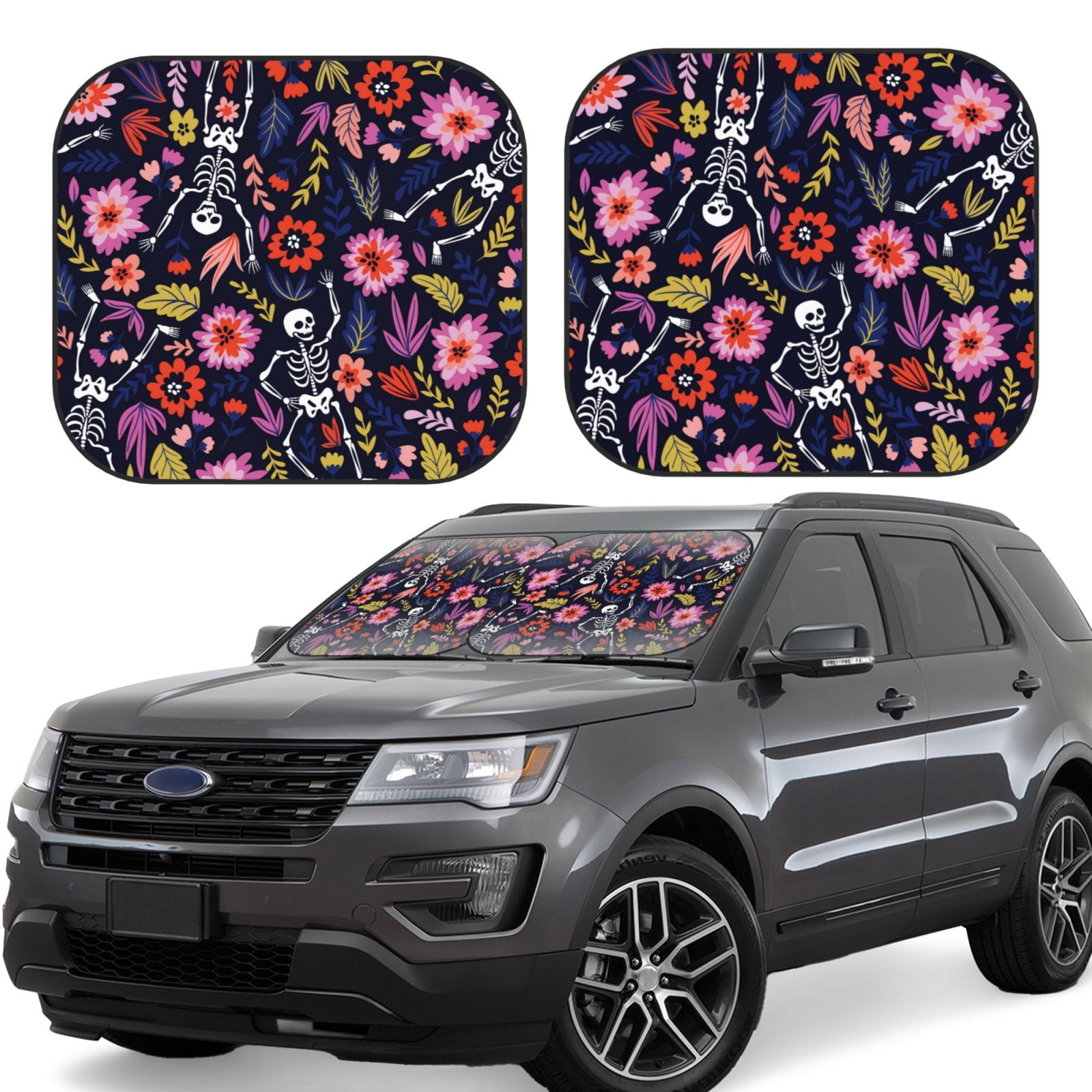 Honeii Dancing Skeletons Floral Garden Print Foldable Car Sun Shade for ...