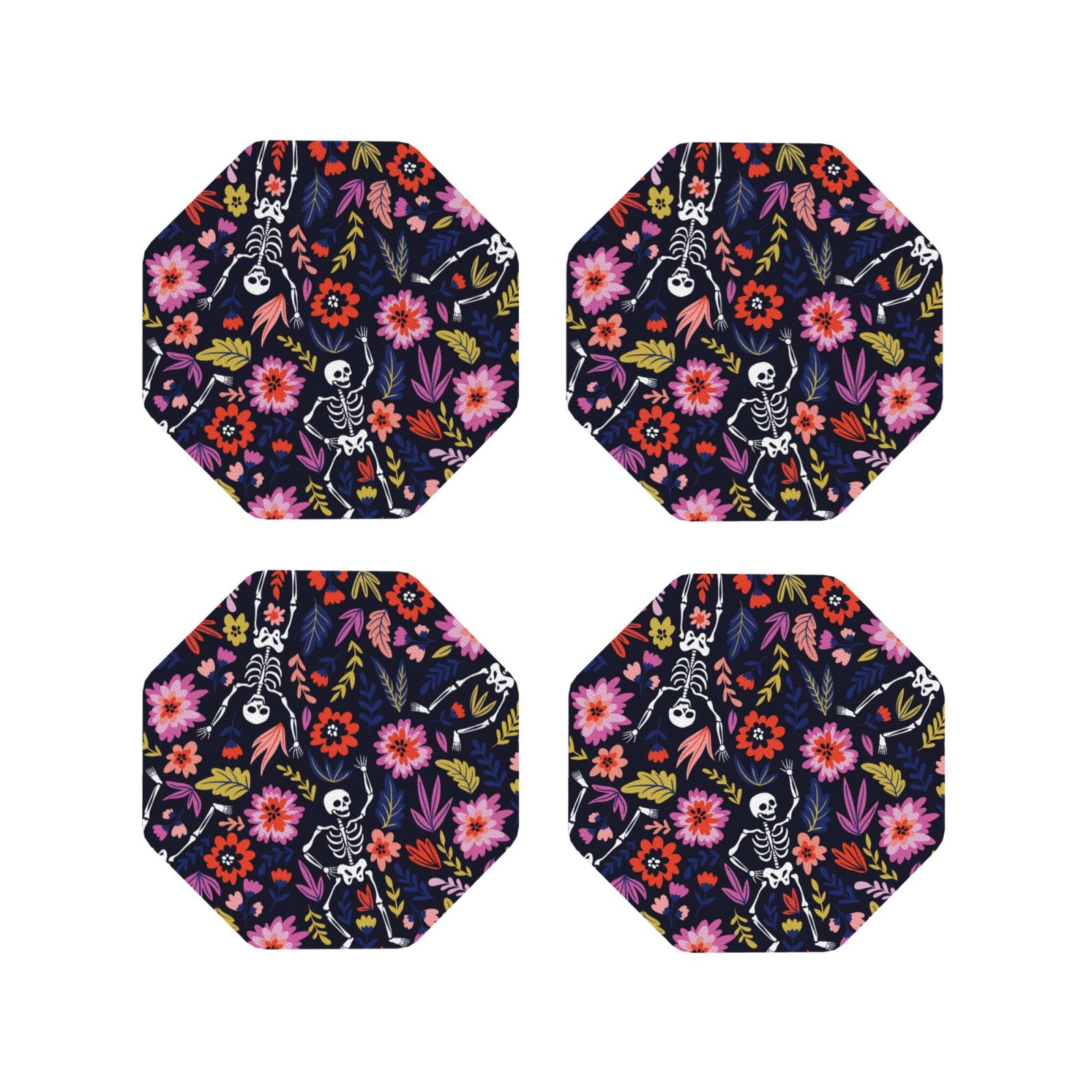 Honeii Dancing Skeletons Floral Garden print Leather Coaster Set of 4 ...