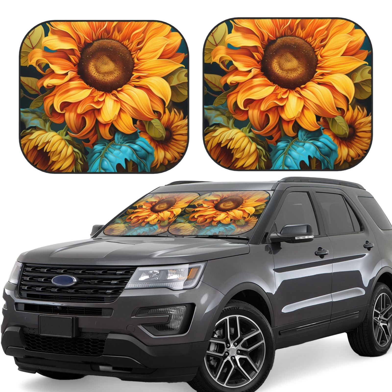 Honeii Deep Yellow Colorful Sunflower Print Foldable Car Sun Shade for ...