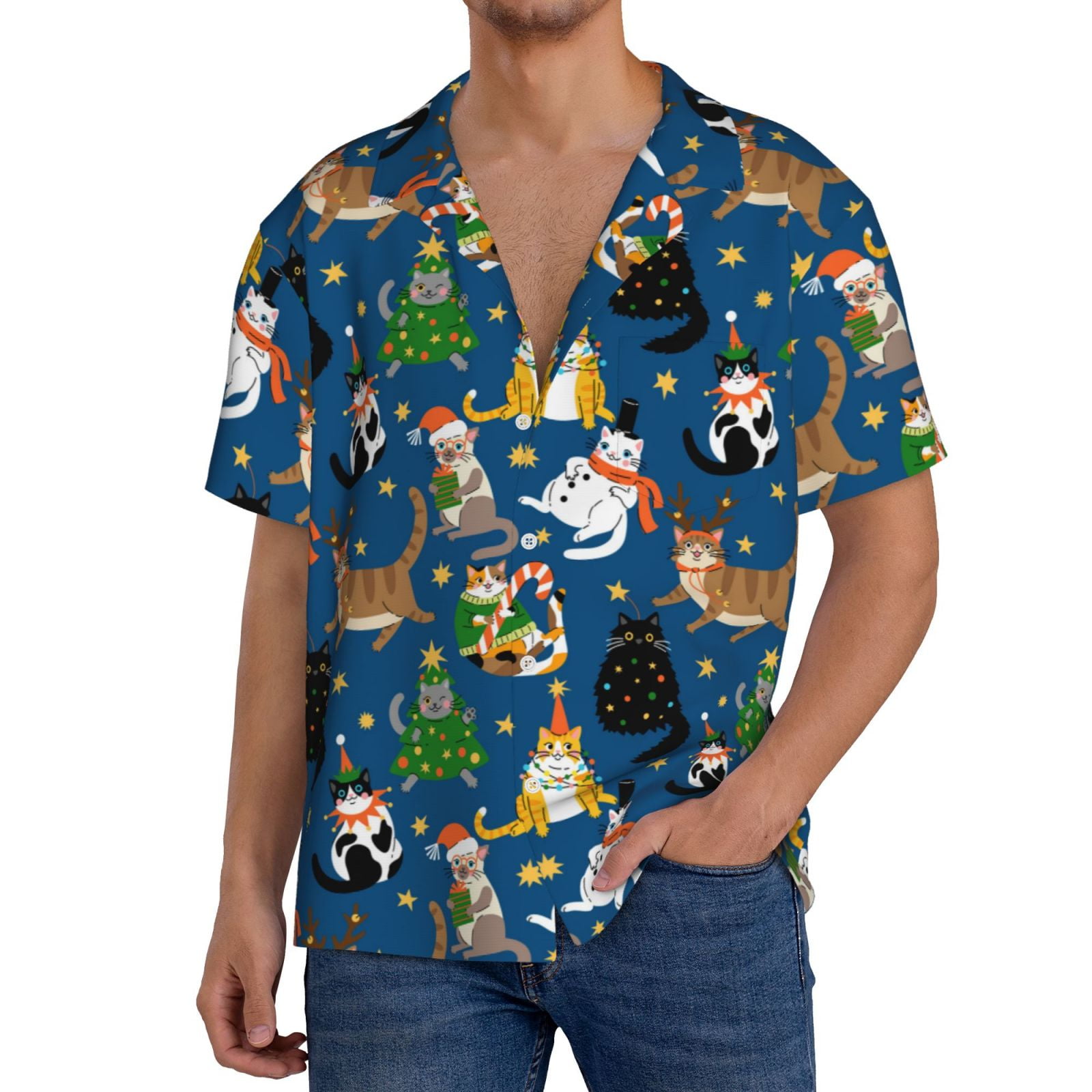 Honeii Different Cats Christmas for Men's Short-Sleeved Button-Up ...