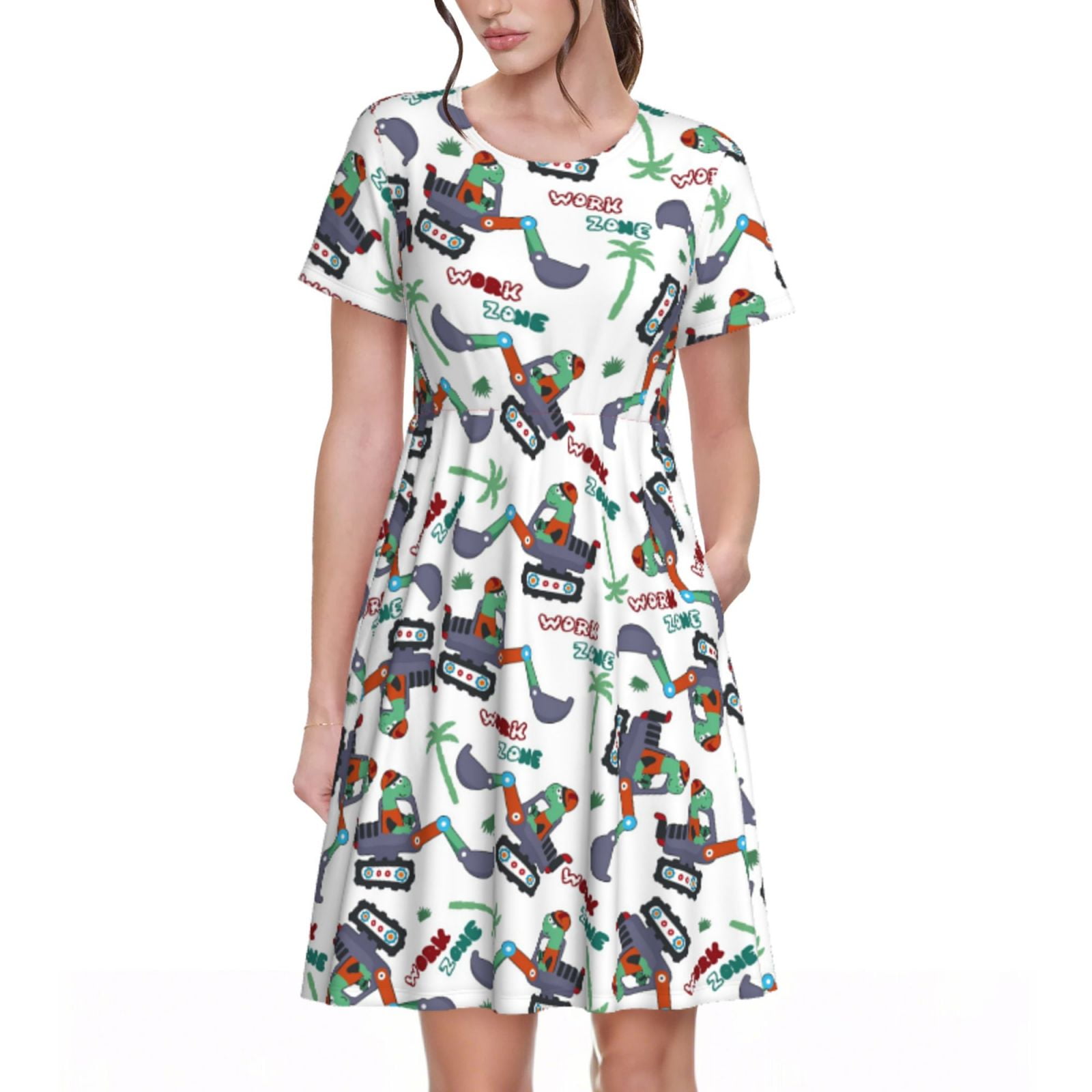 Honeii Dinosaur on Excavator2 Print Women’s Short Sleeve Dress ...