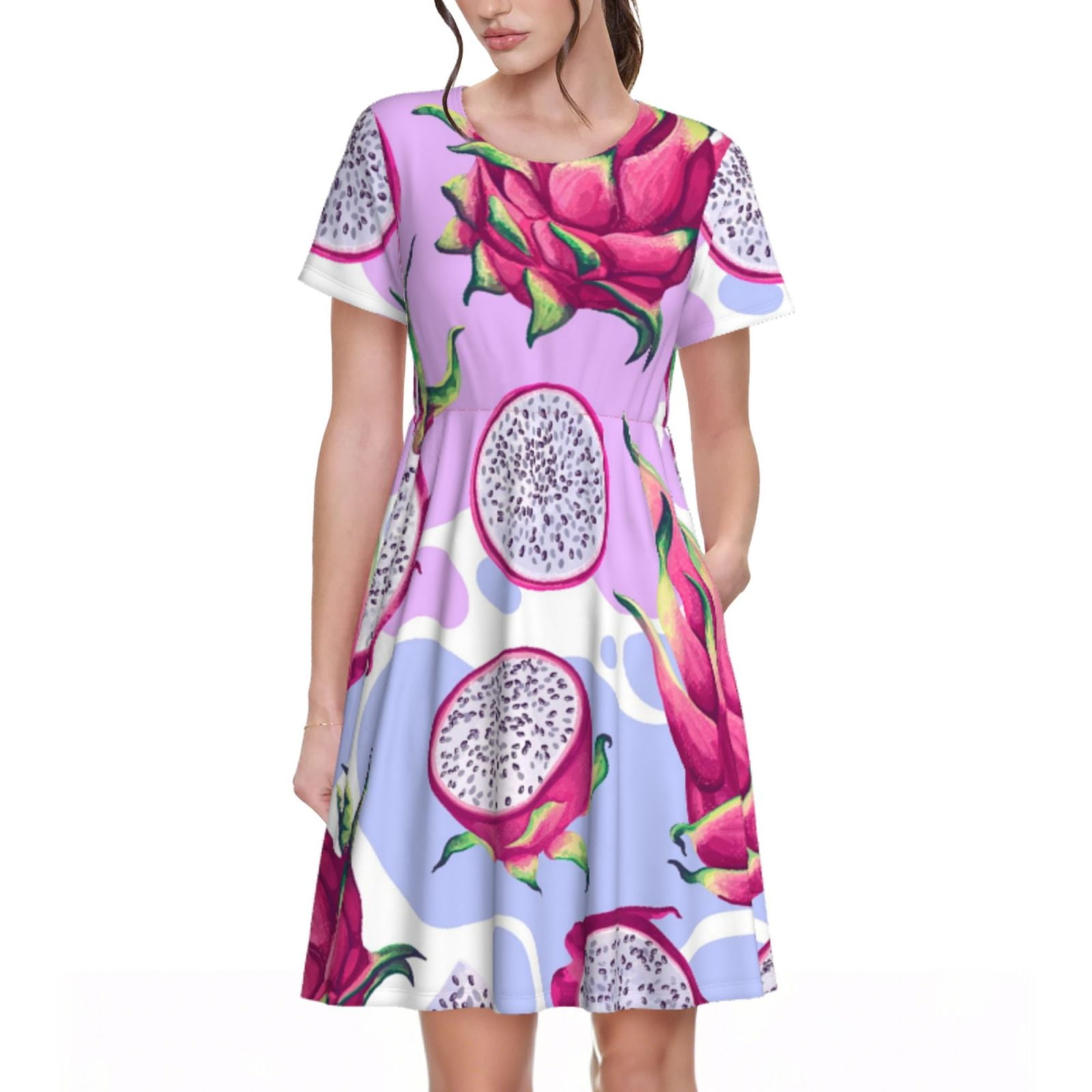 Honeii Dragon Fruit Print Women’s Short Sleeve Dress, Comfortable ...