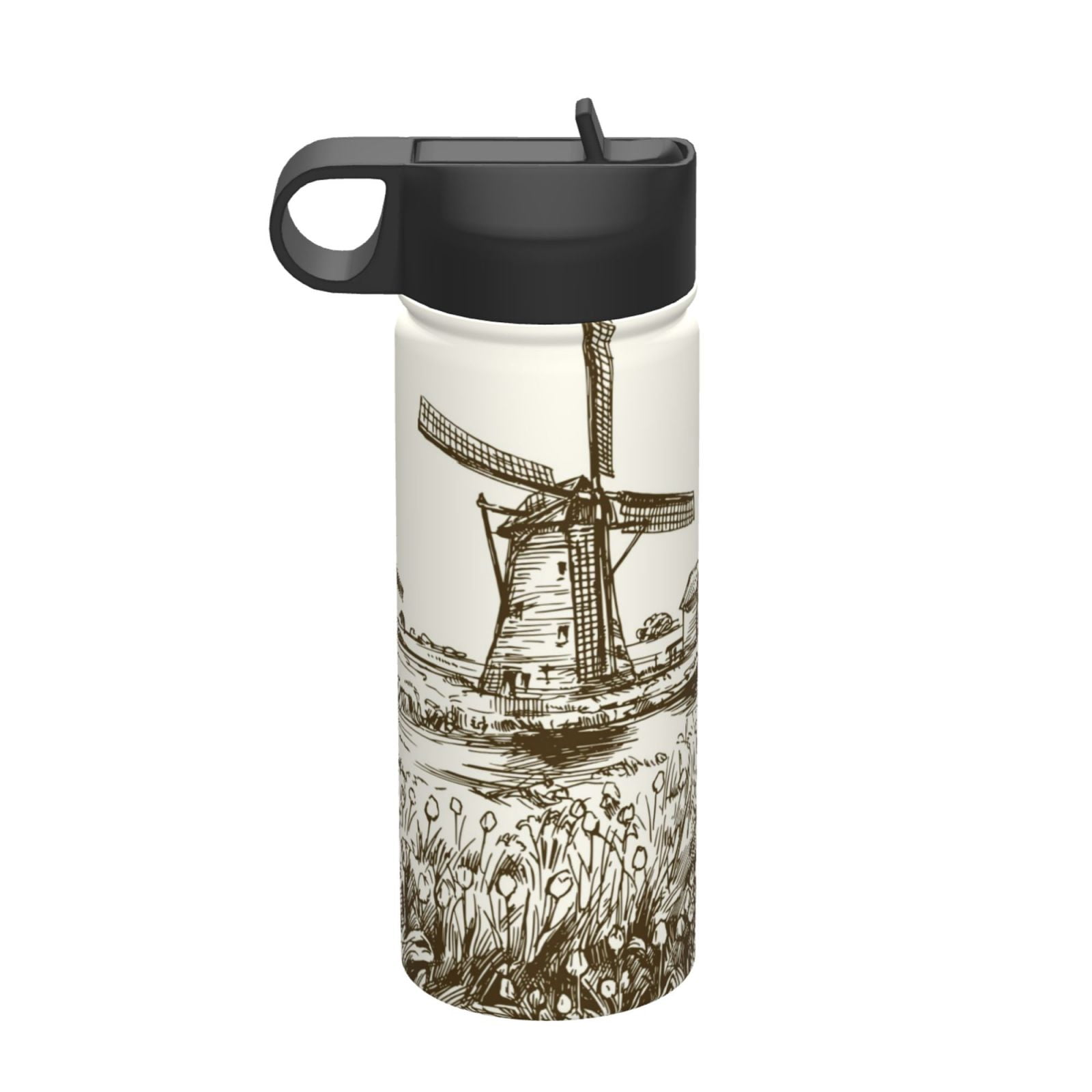 Honeii Dutch Windmill Print 18 oz Insulated Water Bottle with Straw Lid ...