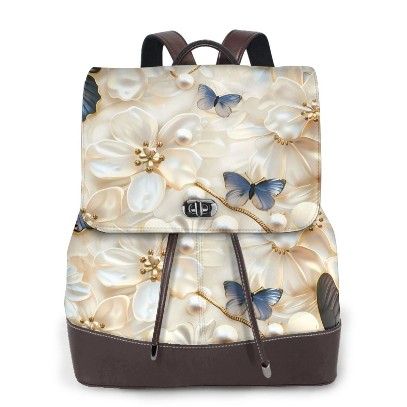 Honeii Elegant Butterflies And Pearls rint Leather Backpack,Trendy ...