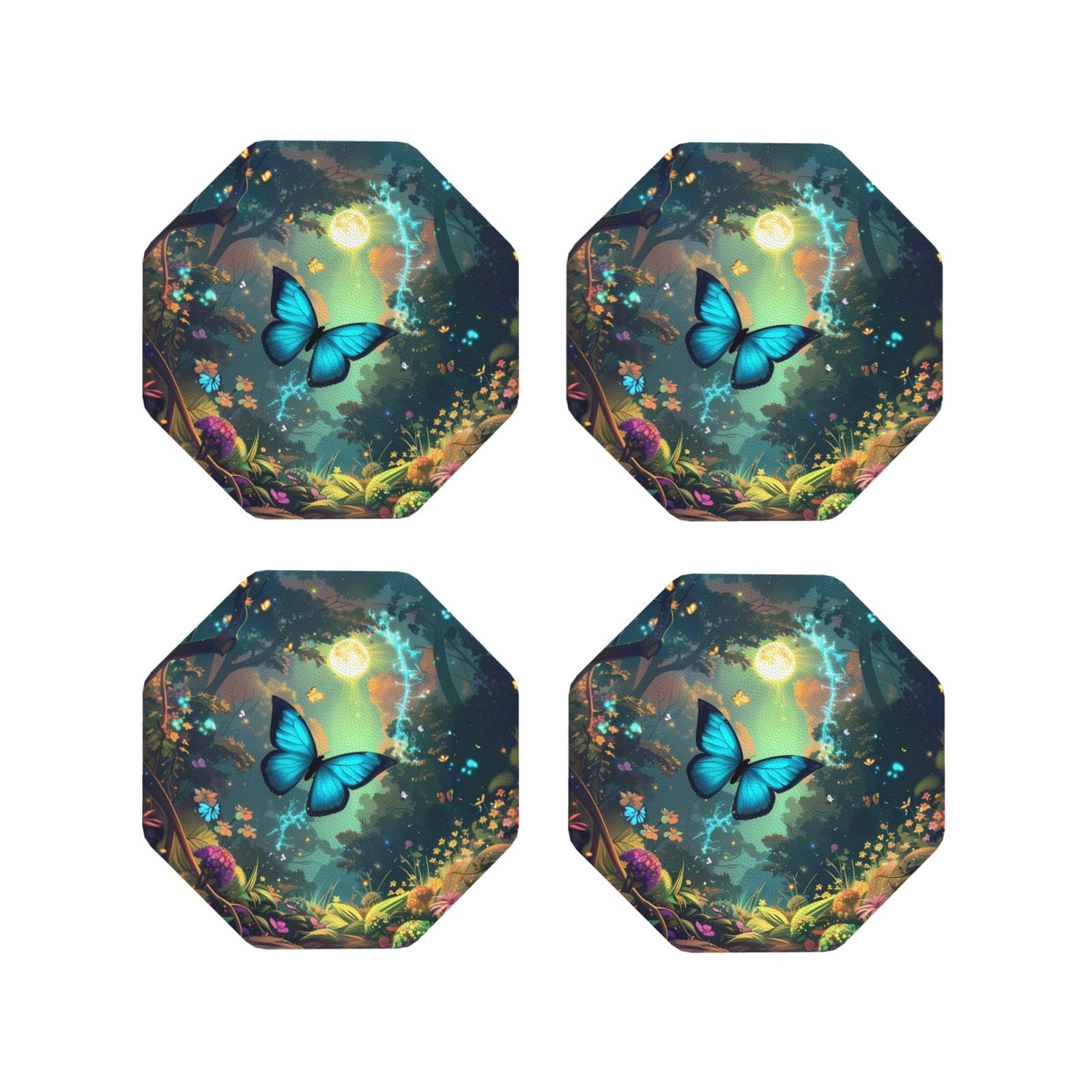 Honeii Enchanted Forest Butterfly A Print Leather Coaster Set of 4 ...