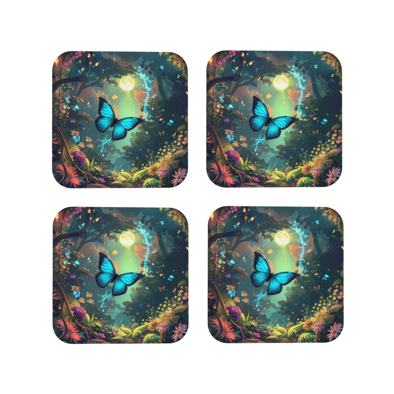 Honeii Enchanted Forest Butterfly A Print Leather Coaster Set of 4 ...