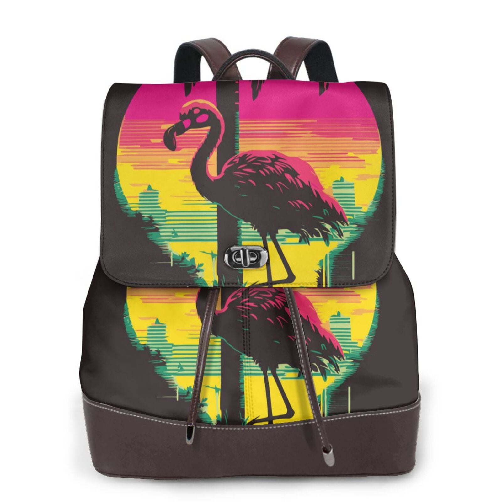 Honeii Flamingo And Palm Trees At Sunset rint Leather Backpack,Trendy ...