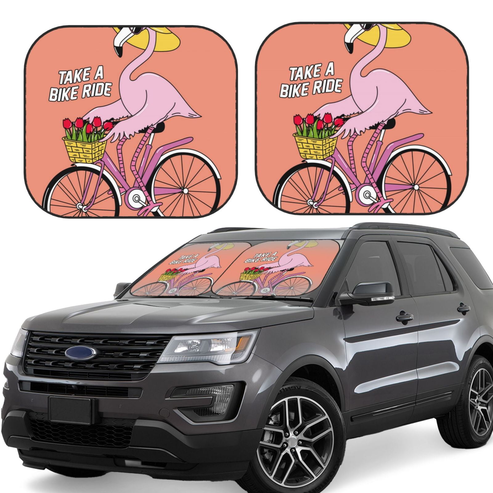 Honeii Flamingo Riding a Bicycle Print Foldable Car Sun Shade for ...