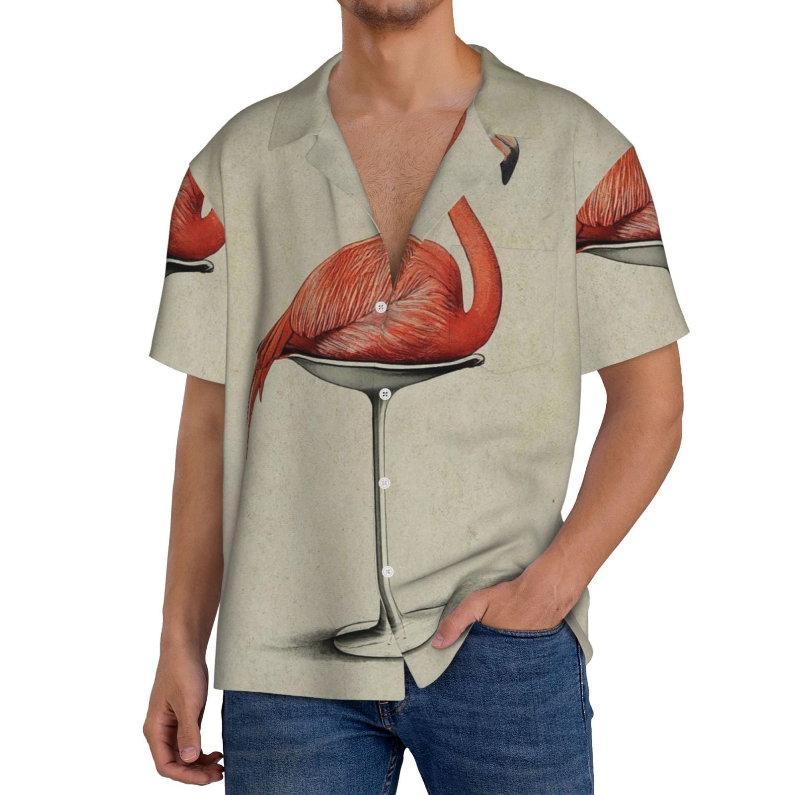 Honeii Flamingo Sitting On Chair for Men's Short-Sleeved Button-Up ...