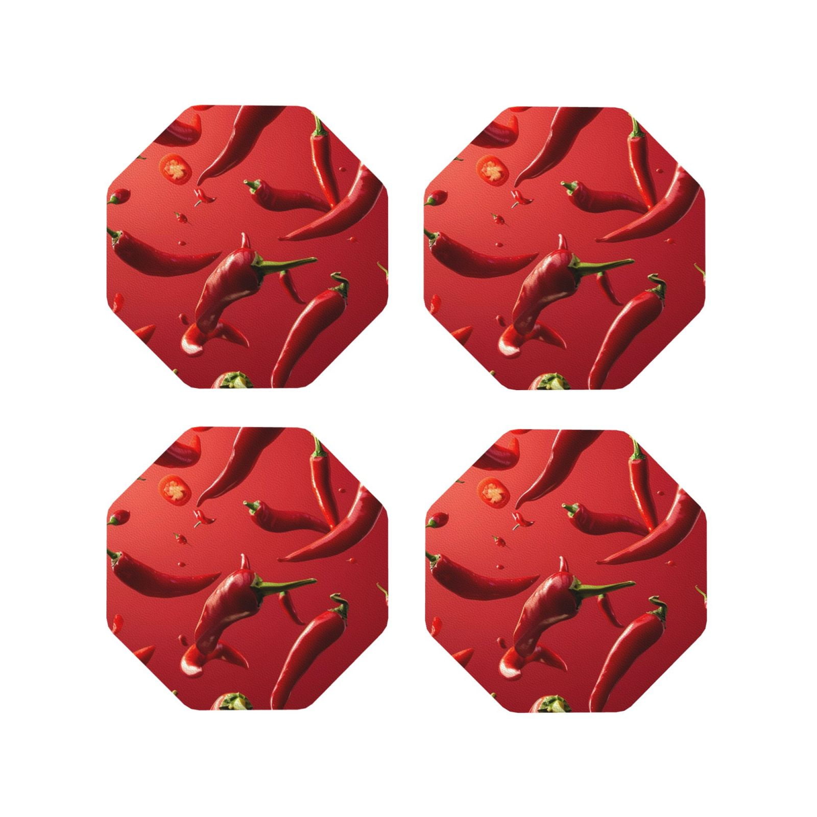 Honeii Floating Red Chili Peppers Print Leather Coaster Set of 4, Ideal ...