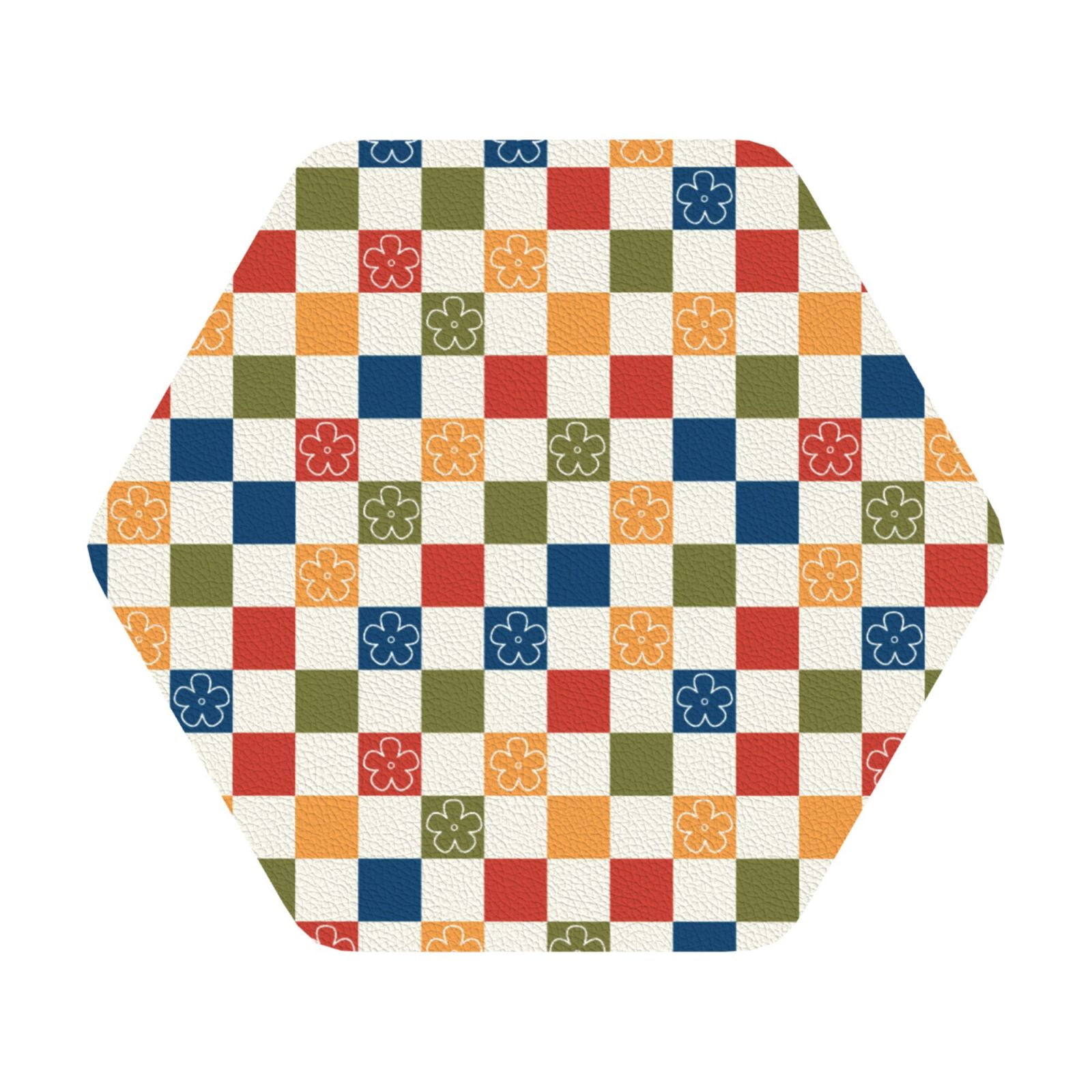 Honeii Floral Checkerboard Print Leather Coaster Set of 6, Ideal for ...