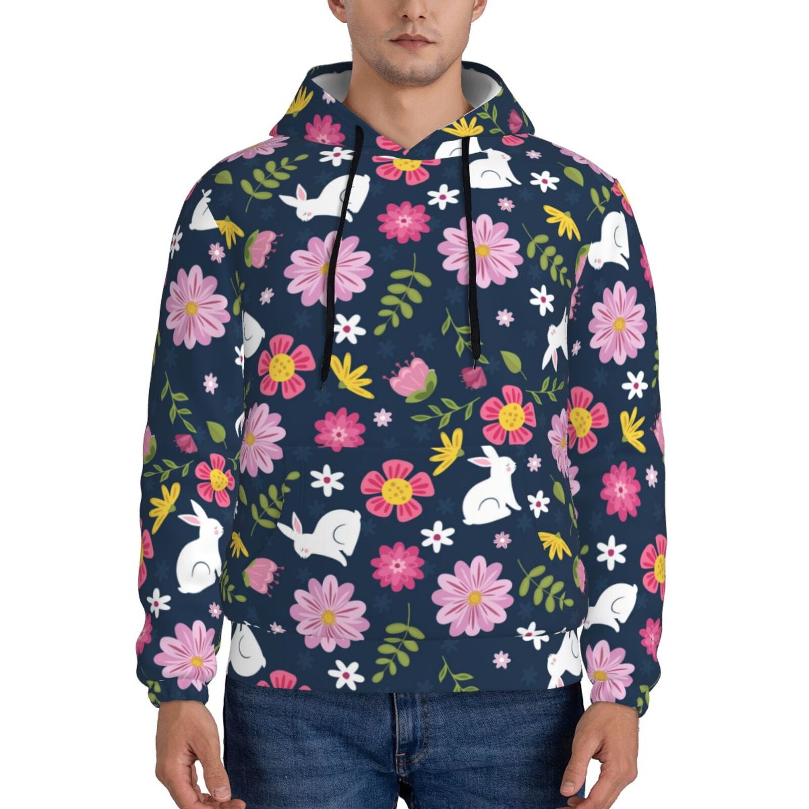 Honeii Floral Rabbit Pattern Mens Hoodies Men's Loose Sleeve Sweatshirt ...